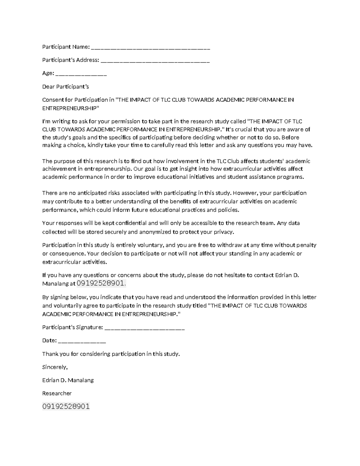 Consent letter for participant - Participant Name