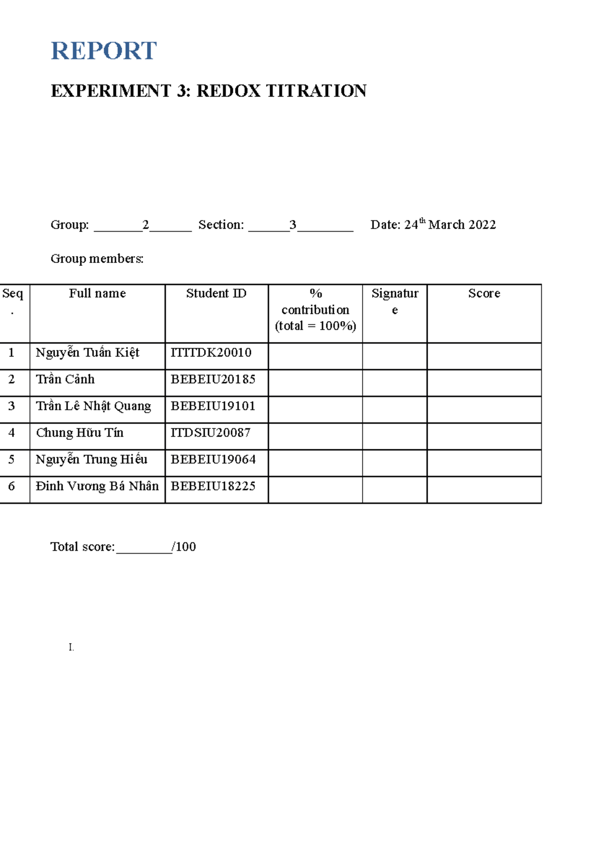 Conclusion-Lab3 - lab 3 - REPORT EXPERIMENT 3: REDOX TITRATION Group: 2 ...