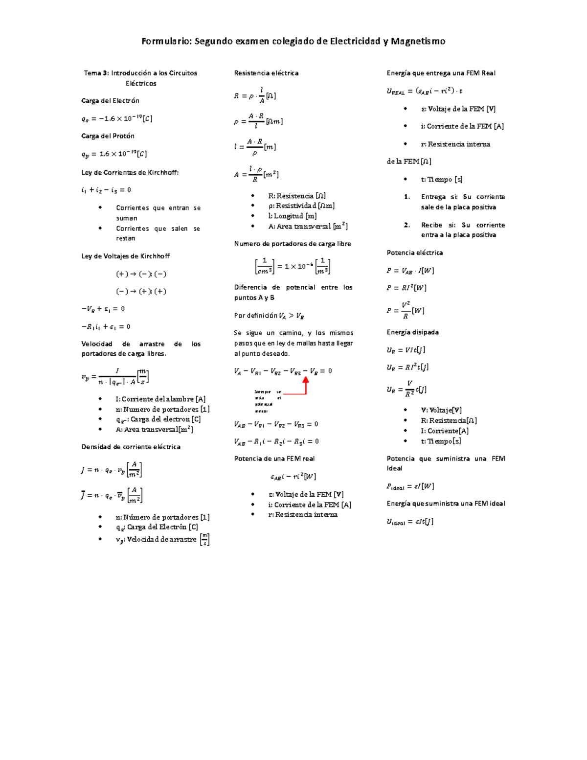 Formulario para el segundo colegiado de Electricidad y Magnetismo - Formulario: Segundo examen ...