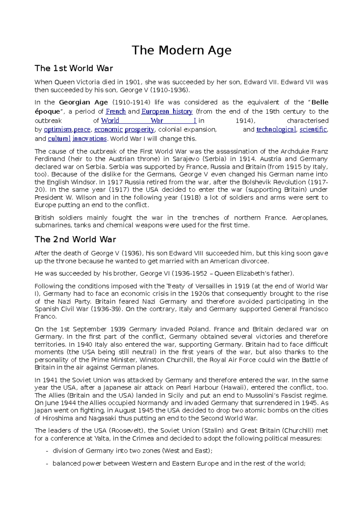 Summary - The Modern Age - History - The Modern Age The 1st World War ...