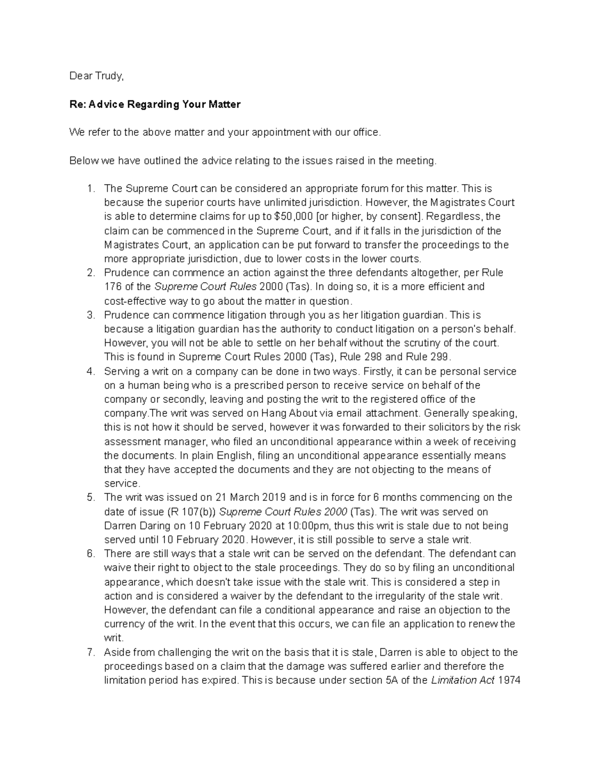 Tutorial 2 notes - Dear Trudy, Re: Advice Regarding Your Matter We ...