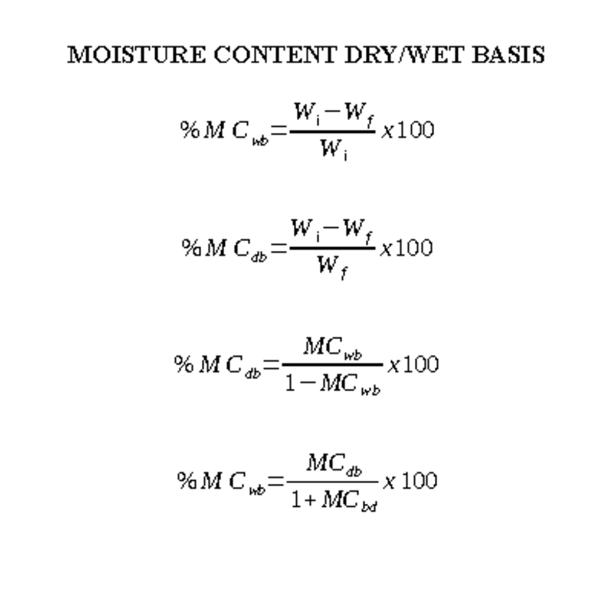 Formulas FOR ABE - MOISTURE CONTENT DRY/WET BASIS % M Cwb= W i −W f W i ...