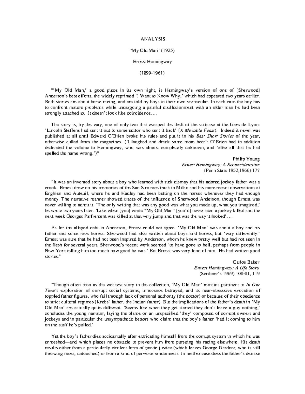 Sstory Hemingway, Ernest My Old Man (1925) analysis by 4 critics ...