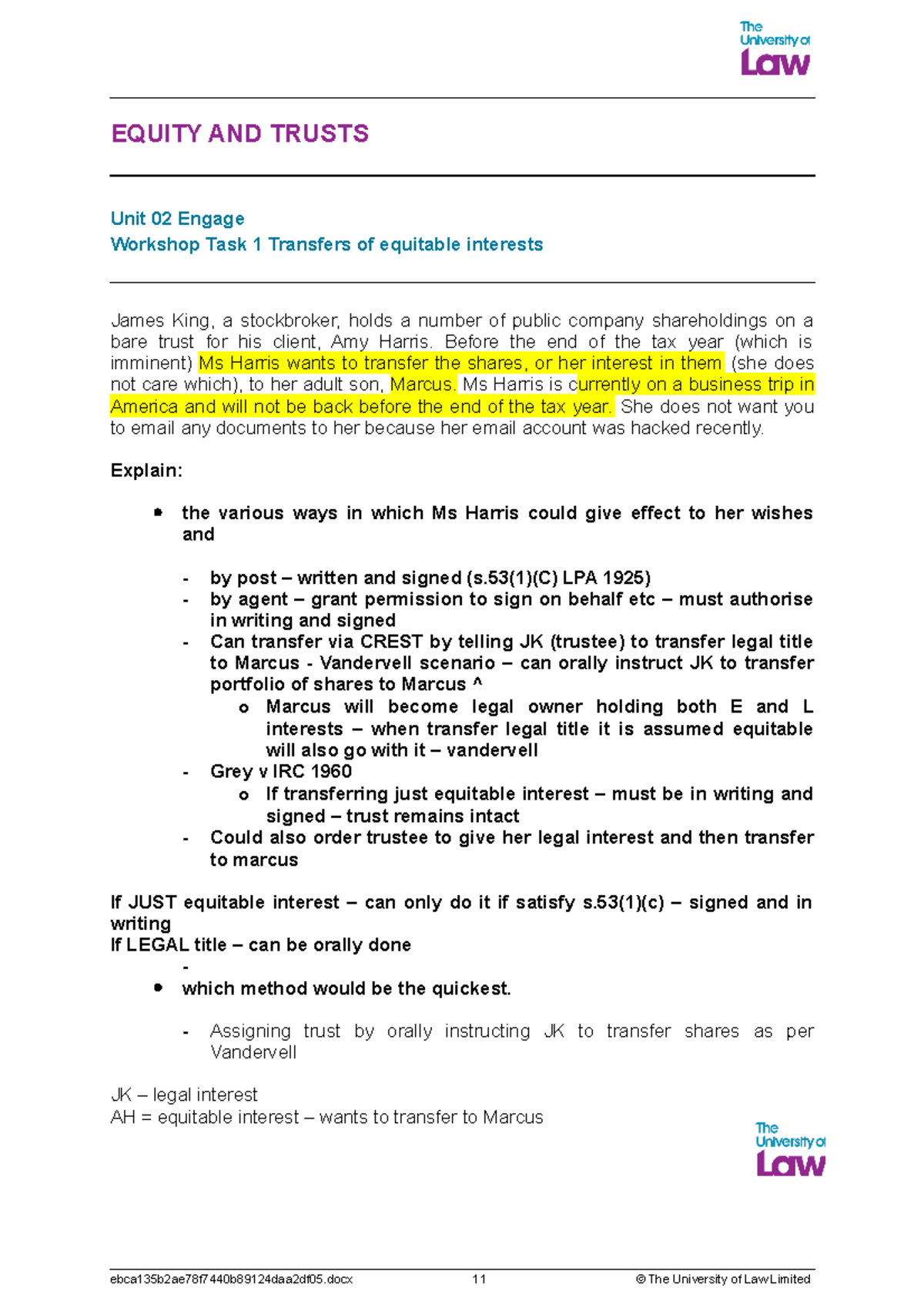 WT1 - W1 tasks - EQUITY AND TRUSTS Unit 02 Engage Workshop Task 1 ...