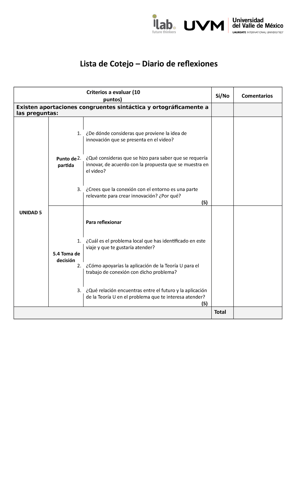 Diario de reflexiones unidad 5 - Lista de Cotejo – Diario de reflexiones Criterios a evaluar ...