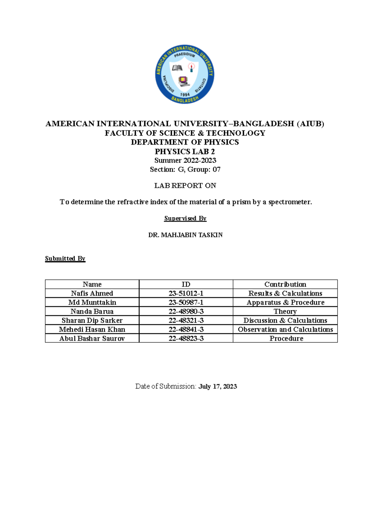 Experiment 5 - AMERICAN INTERNATIONAL UNIVERSITY–BANGLADESH (AIUB ...