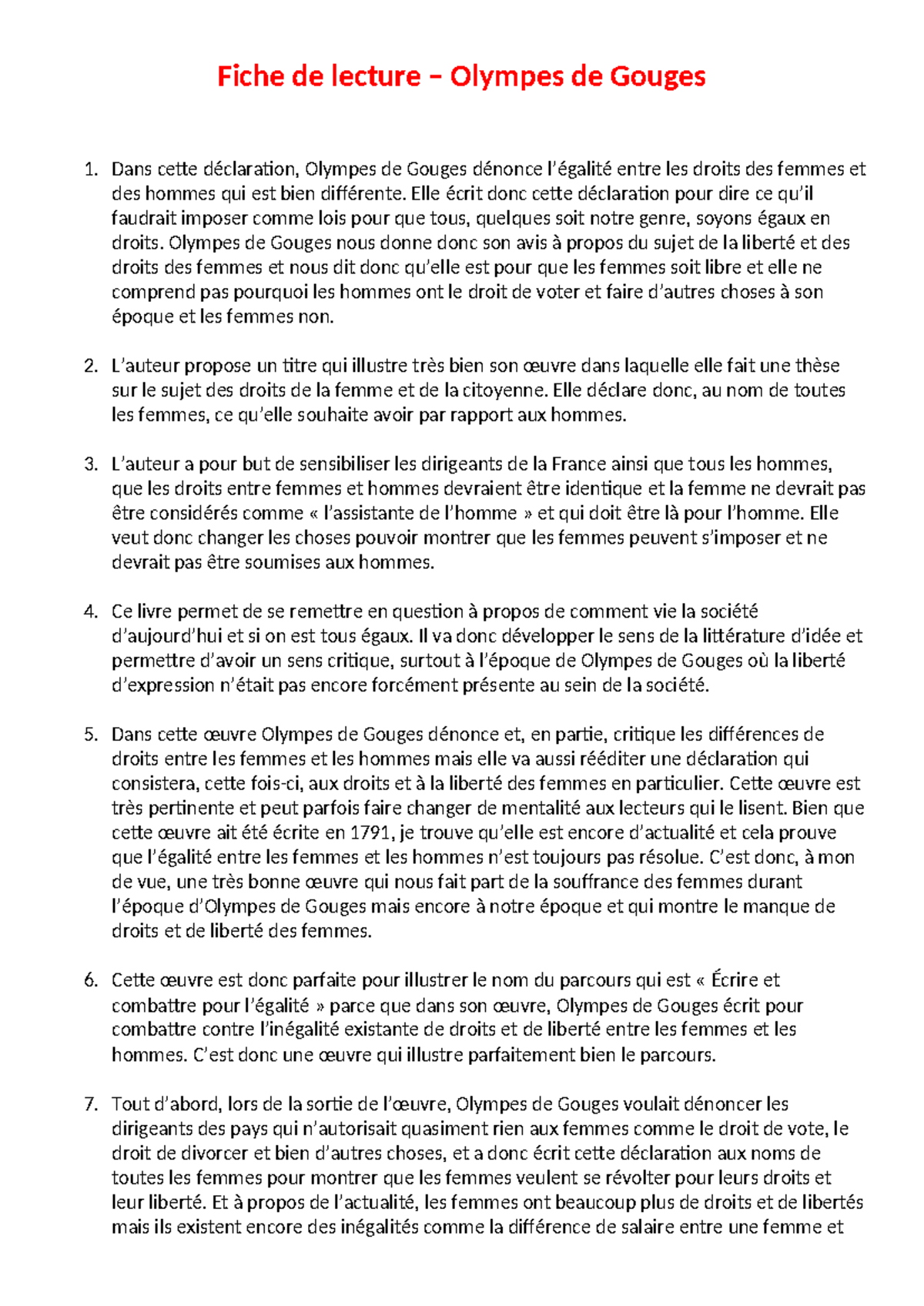 Fiche de lecture olympes de gouges - Fiche de lecture – Olympes de Gouges 1. Dans cette ...