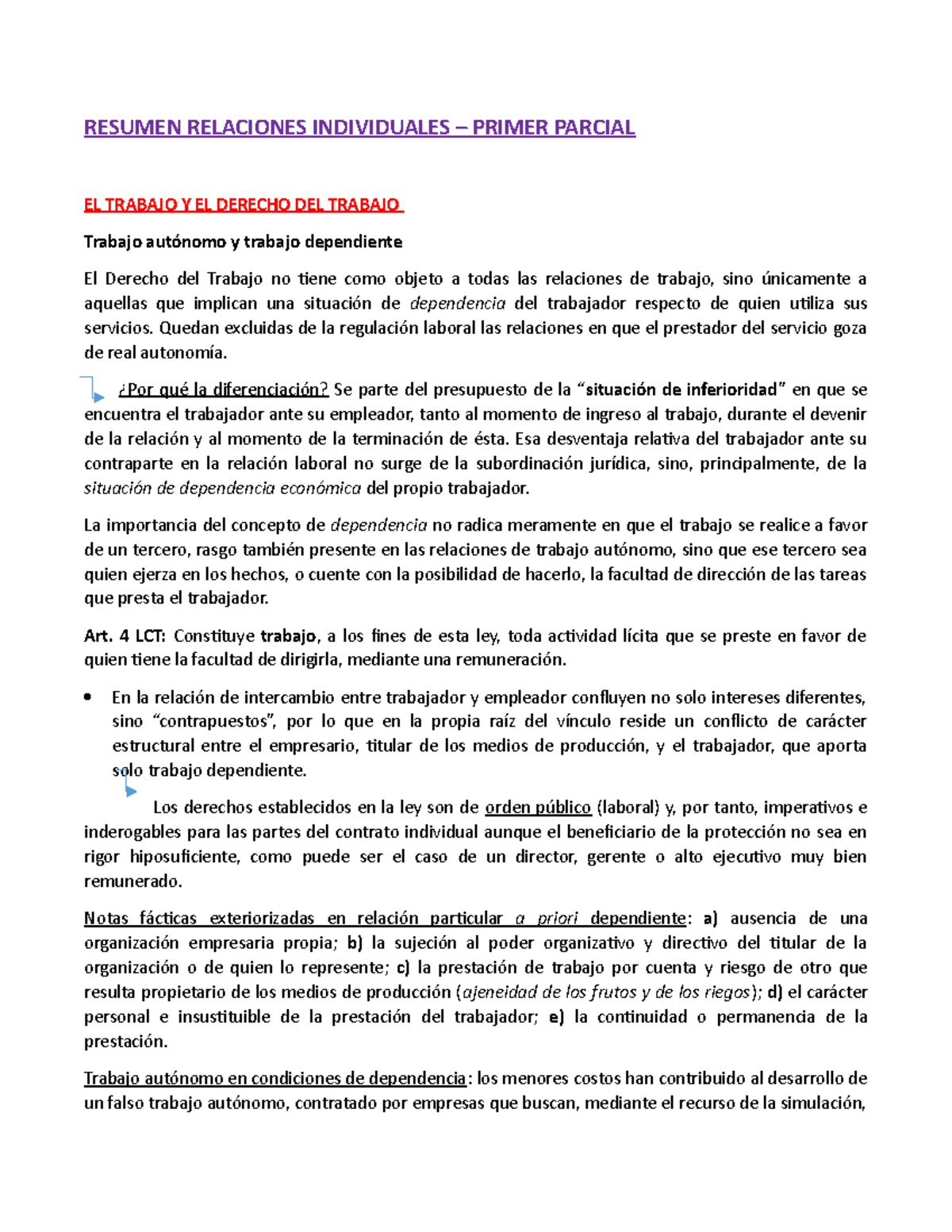 Resumen Relaciones Individuales - RESUMEN RELACIONES INDIVIDUALES – PRIMER PARCIAL EL TRABAJO Y ...