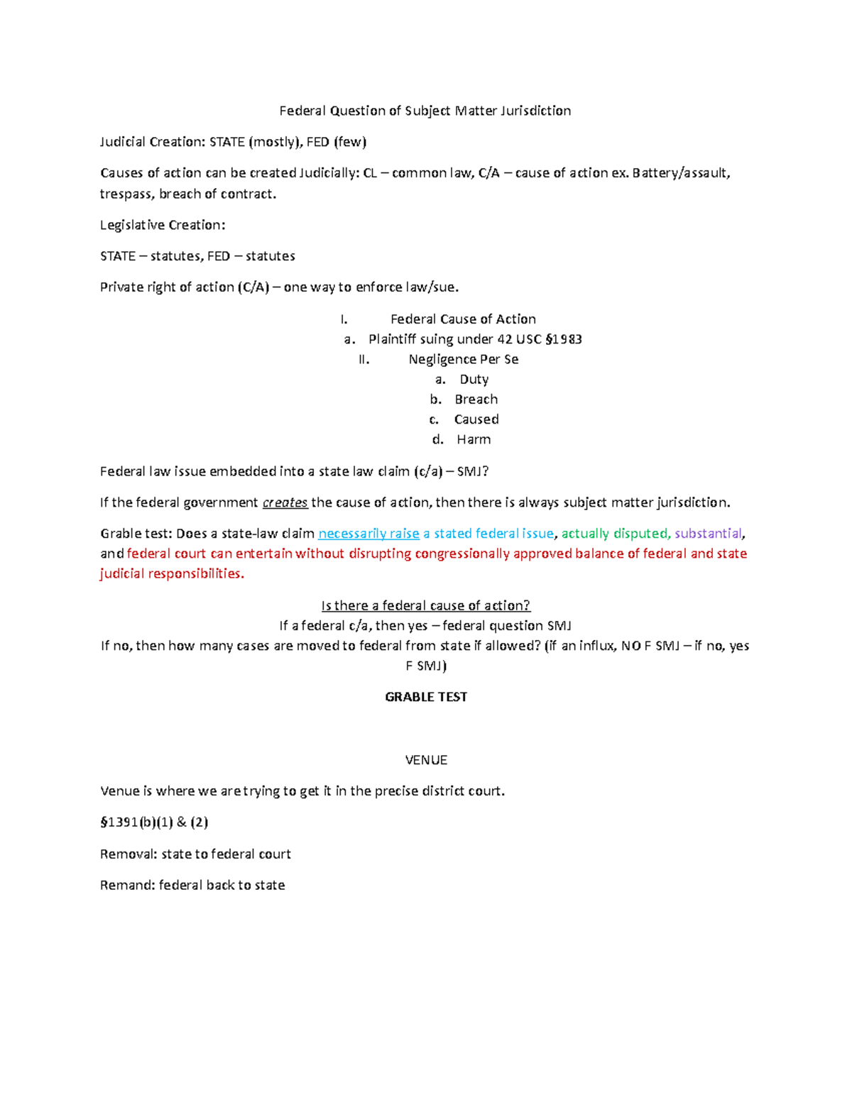 Week 7 SMJ - Federal Question SMJ, Removal & Remand, Venue - Federal ...