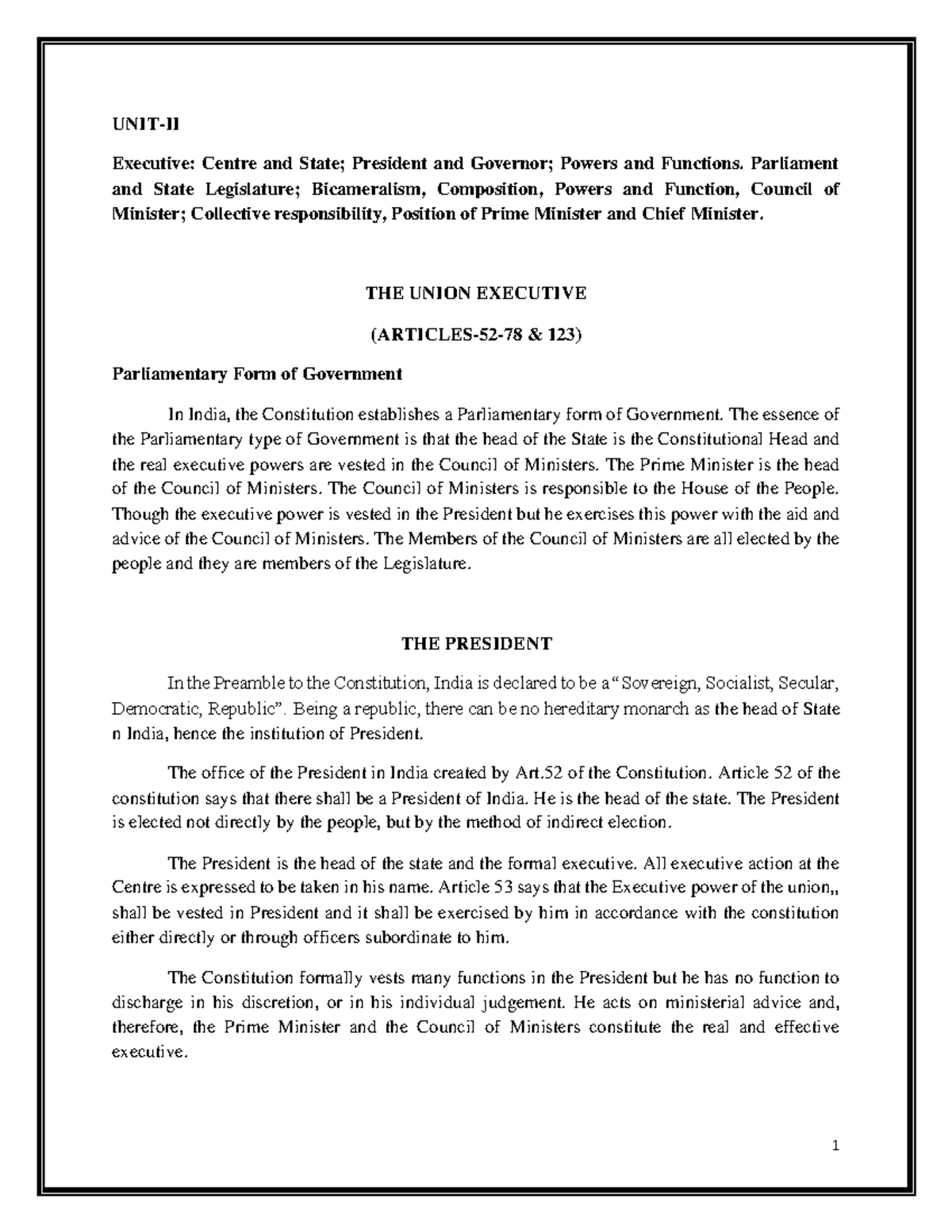 Constitutional LAW-II UNIT-II Notes - UNIT-II Executive: Centre and ...