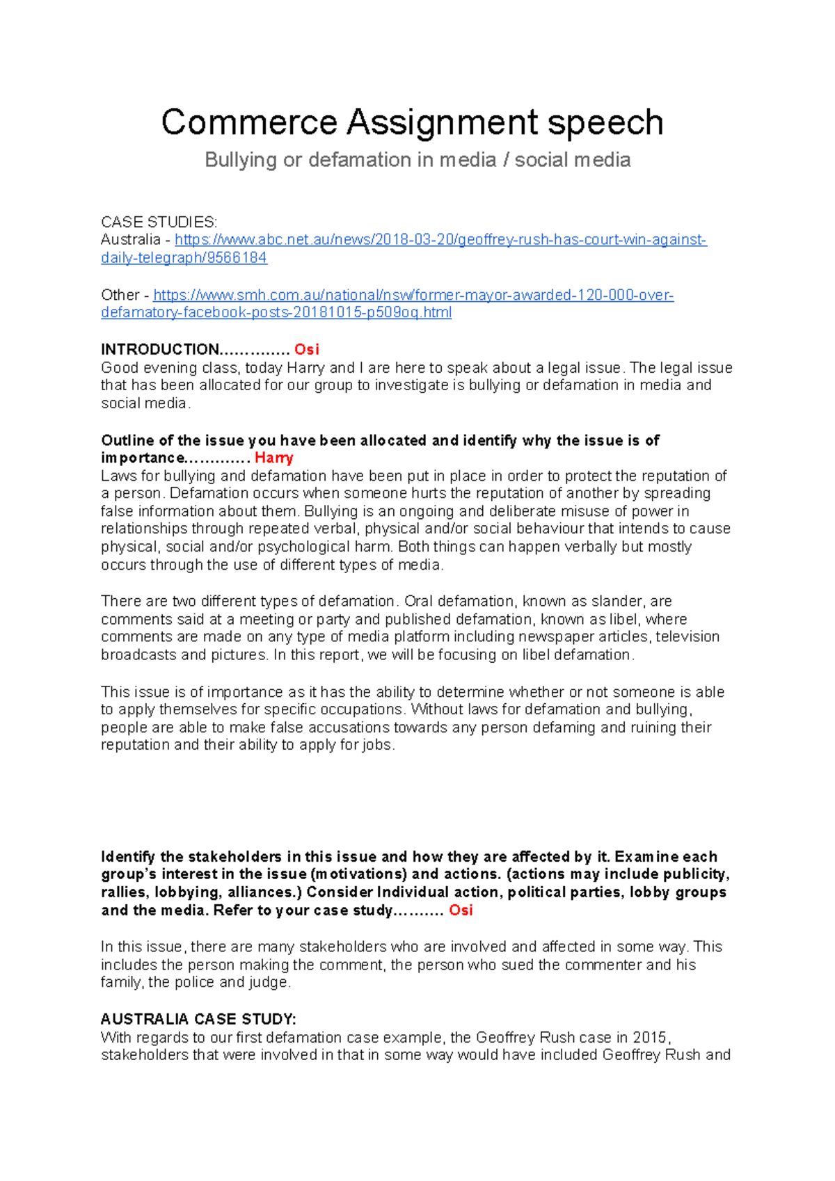 Commerce Assignment speech v2 - Commerce Assignment speech Bullying or ...