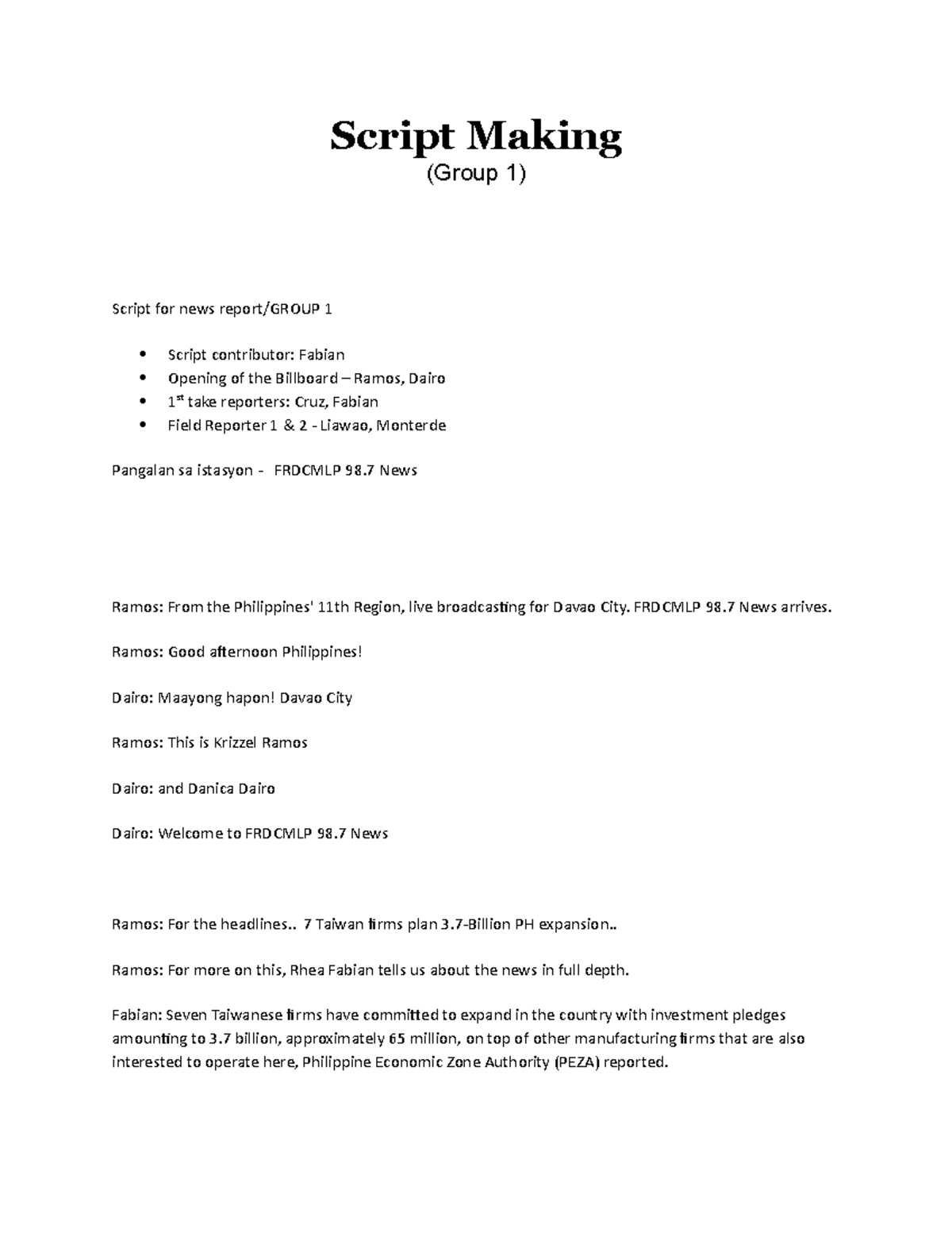 Script Making - nothing - Script Making (Group 1) Script for news ...
