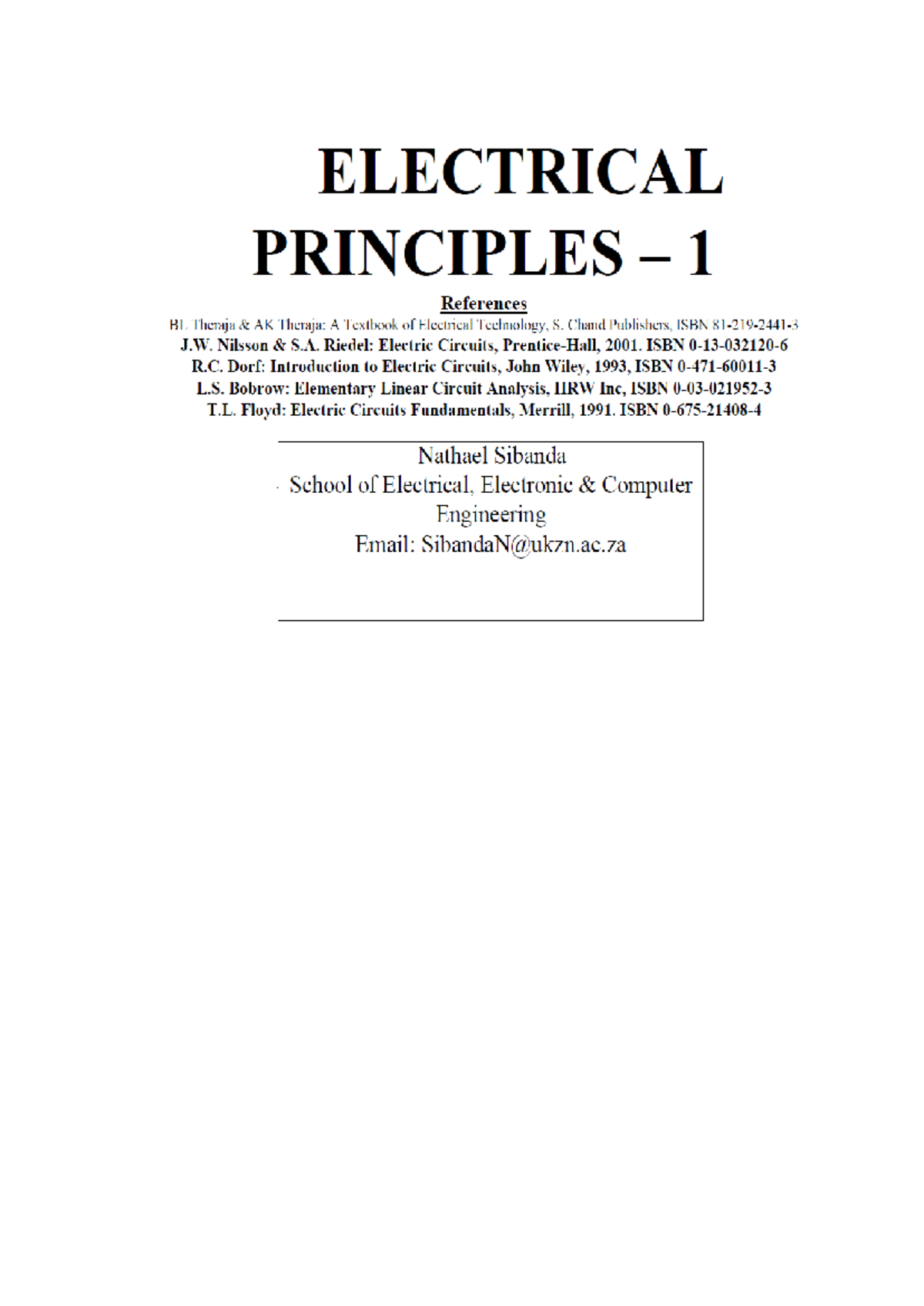 Lecture 12 - notes - ELECTRICAL PRINCIPLES 1 References BL Theraja AK ...