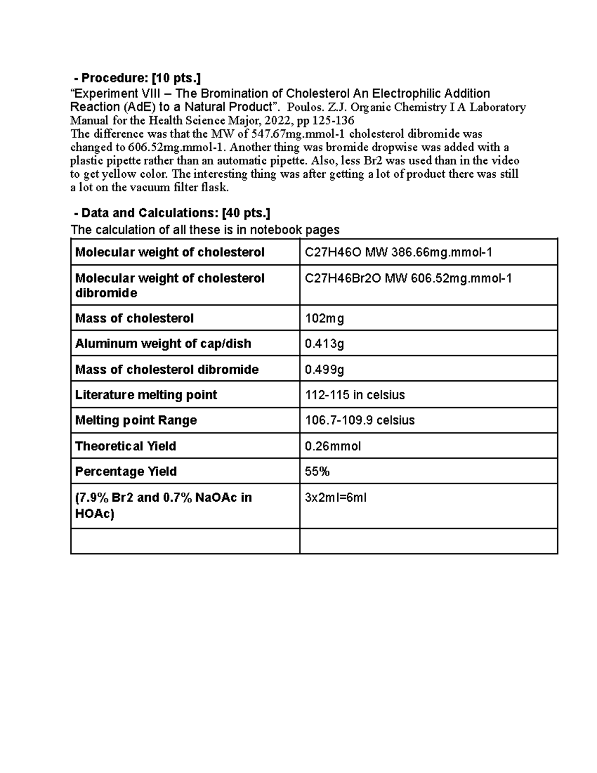 Experiment VIII – Bromination of Cholesterol – An Electrophilic ...