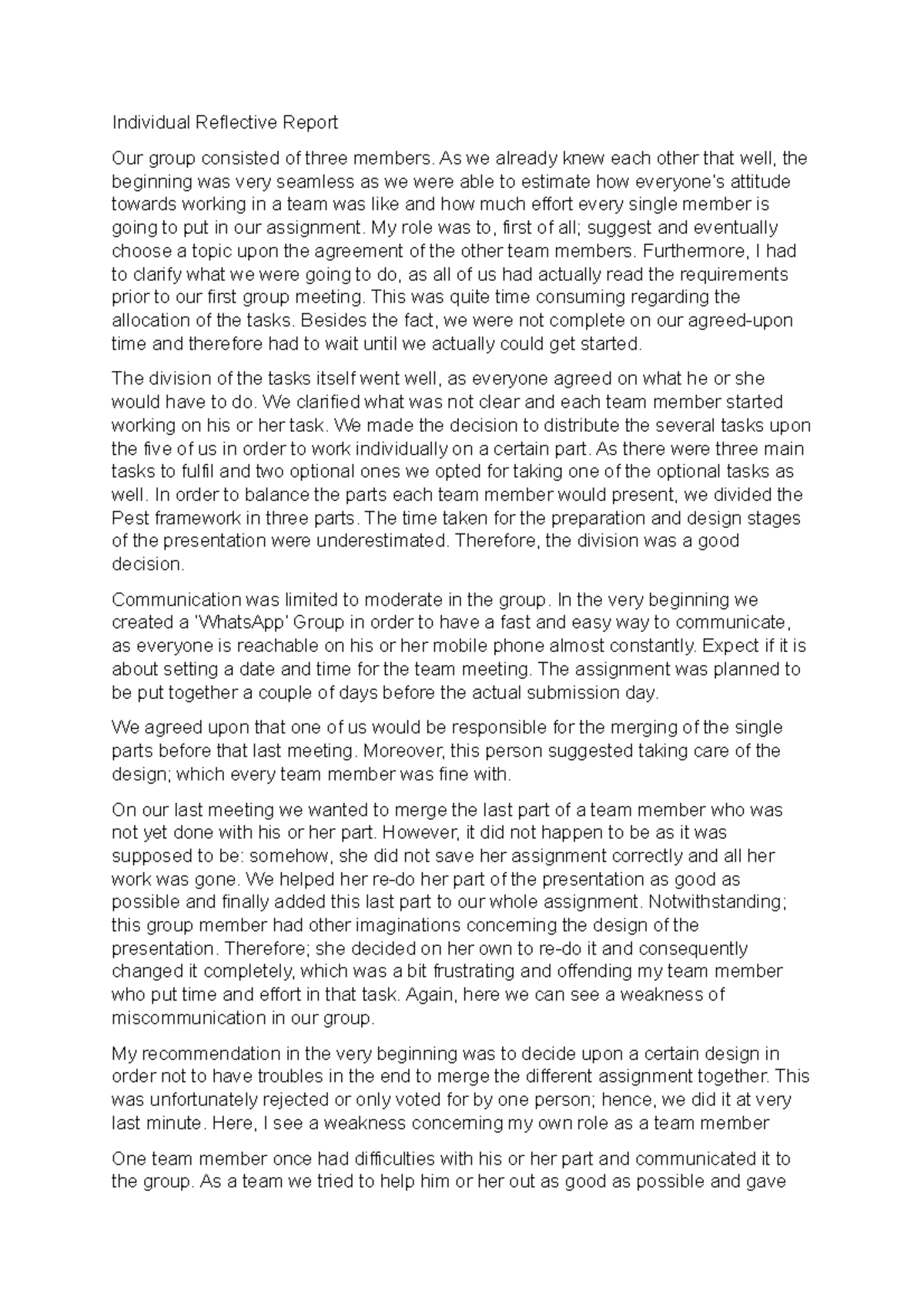 WPP Reflective Report - Personal reflection - Individual Reflective ...