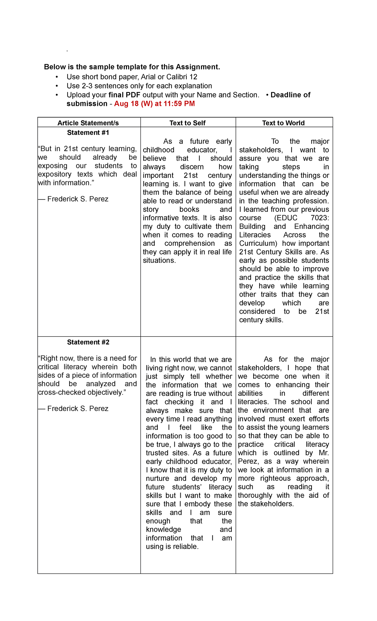 Assignment - Reflective Learning Matrix - . Below is the sample ...