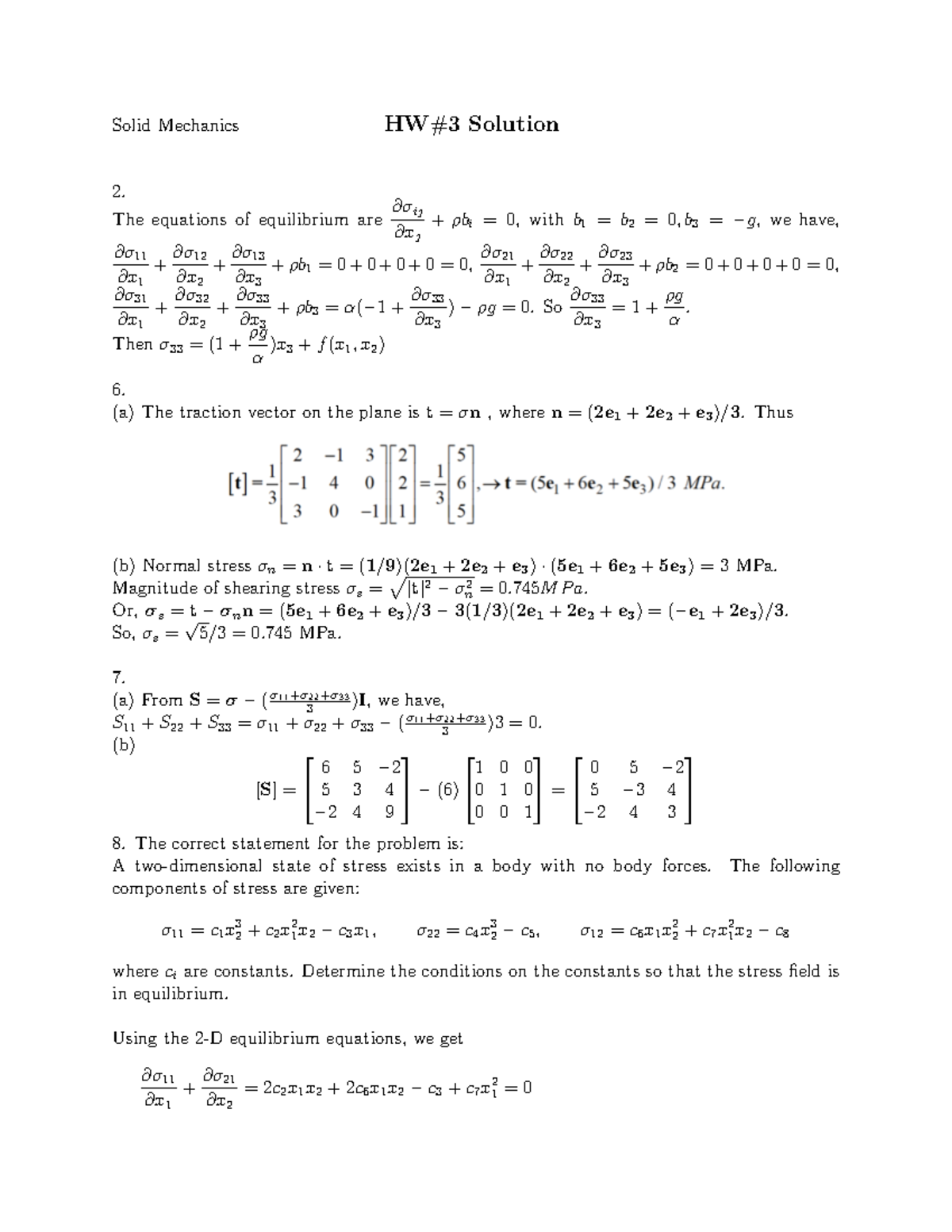 A3Sol New - Assignment 3 Solution - Solid Mechanics HW#3 Solution 2 ...