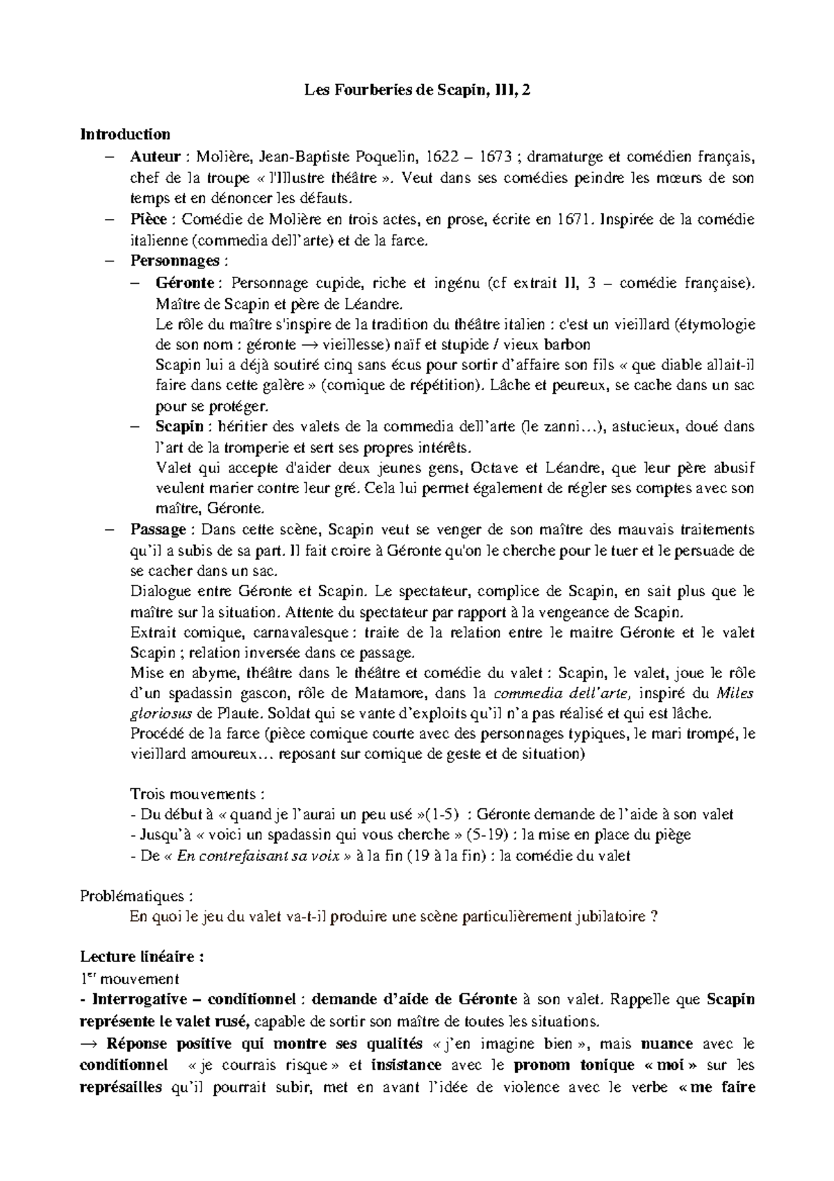 Analyse Moliere Scapin texte 4 theatre - Les Fourberies de Scapin, III ...