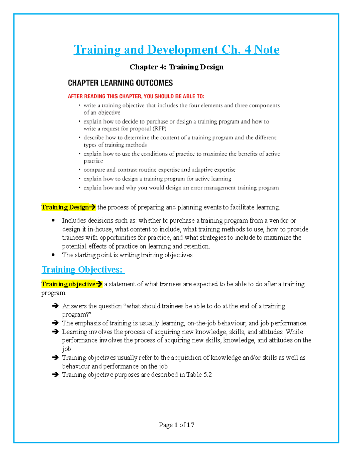Training Ch 4 Note - note - Training and Development Ch. 4 Note Chapter ...