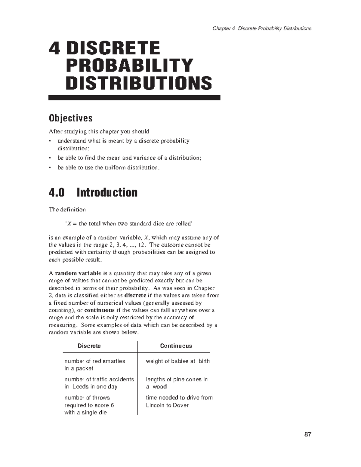 Stats ch4 - chapter 4 - 4 DISCRETE PROBABILITY DISTRIBUTIONS Objectives ...