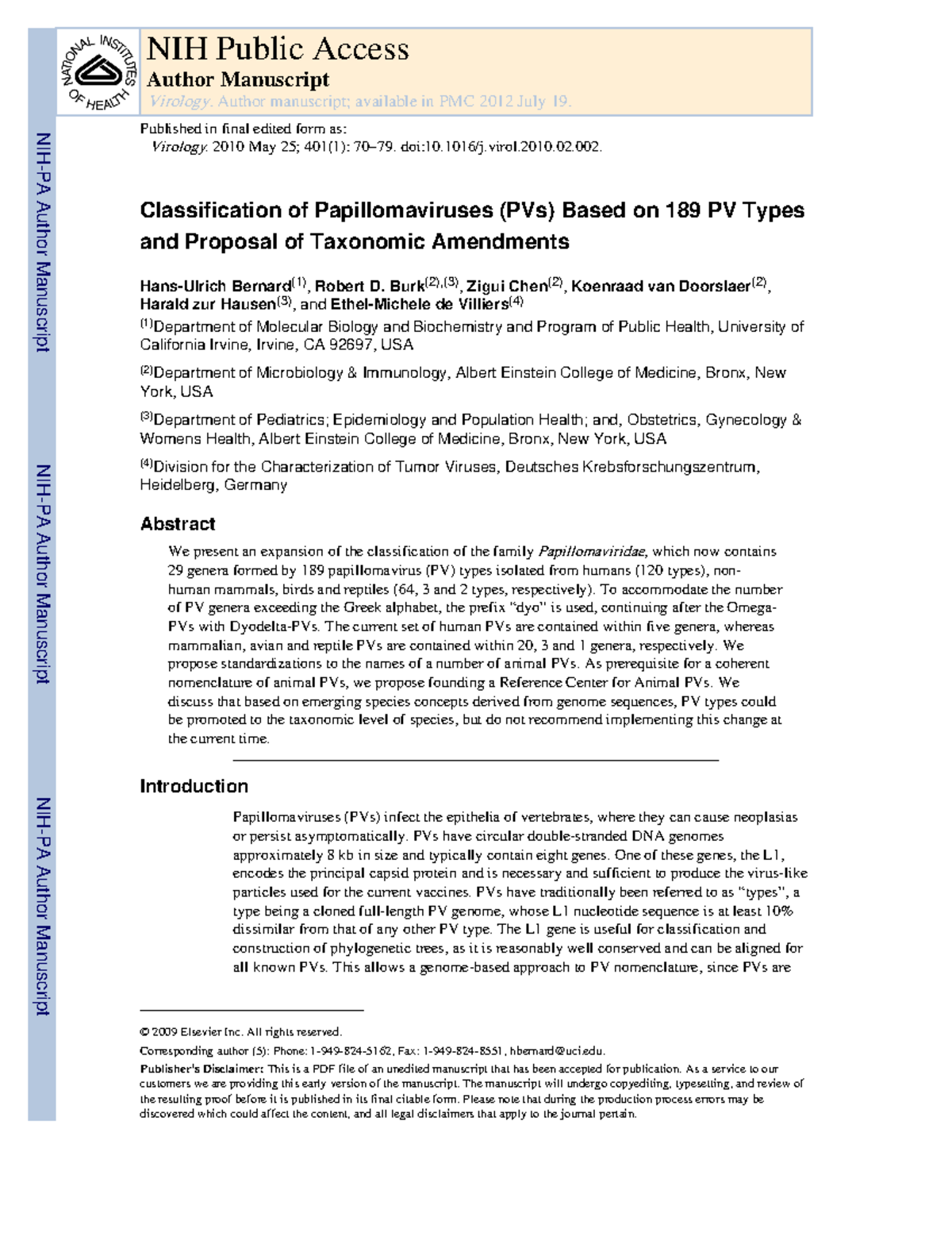 Bernard et al. - 2010 - Classification of papillomaviruses (PVs) based ...