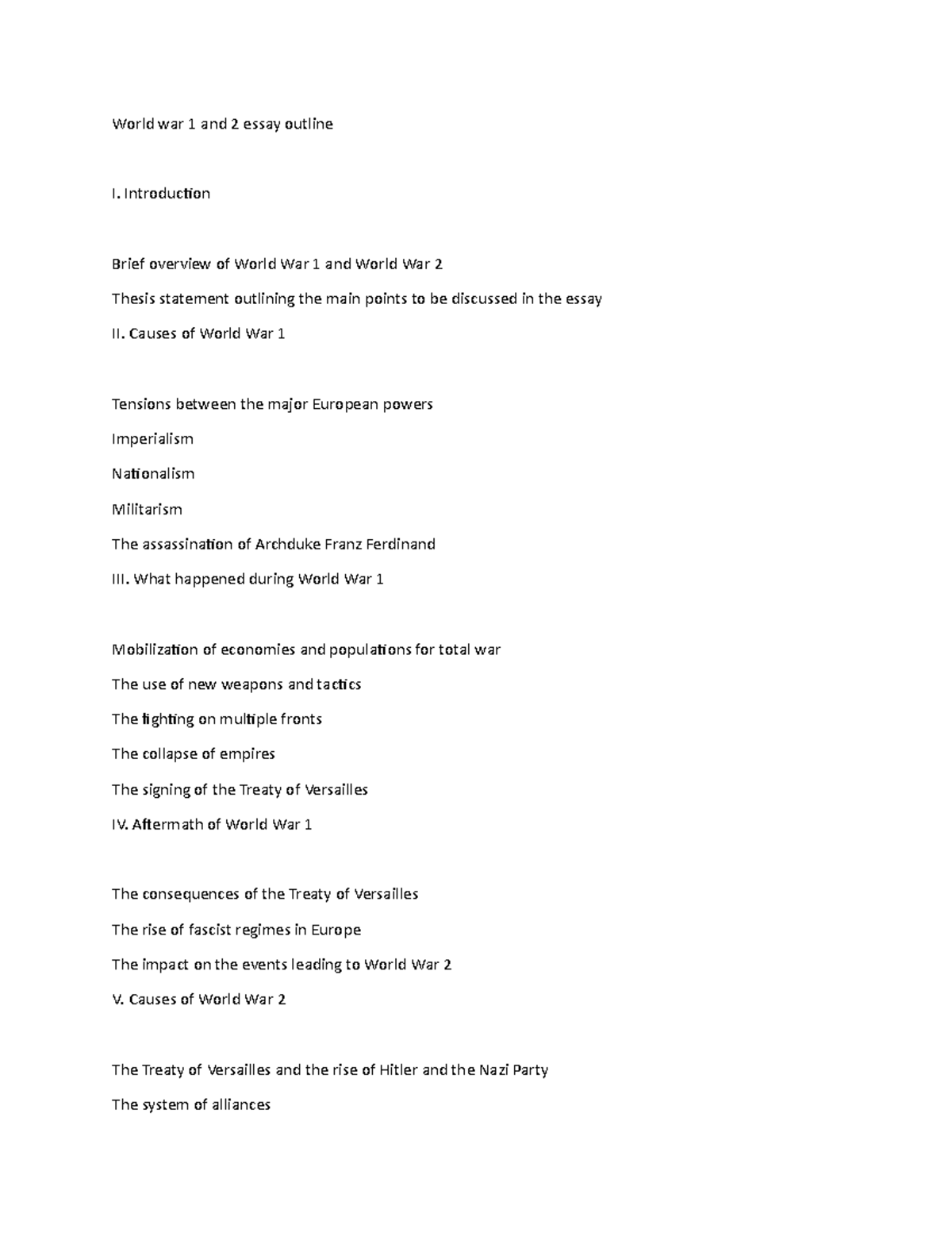World war 1 and 2 outline - World war 1 and 2 essay outline I ...