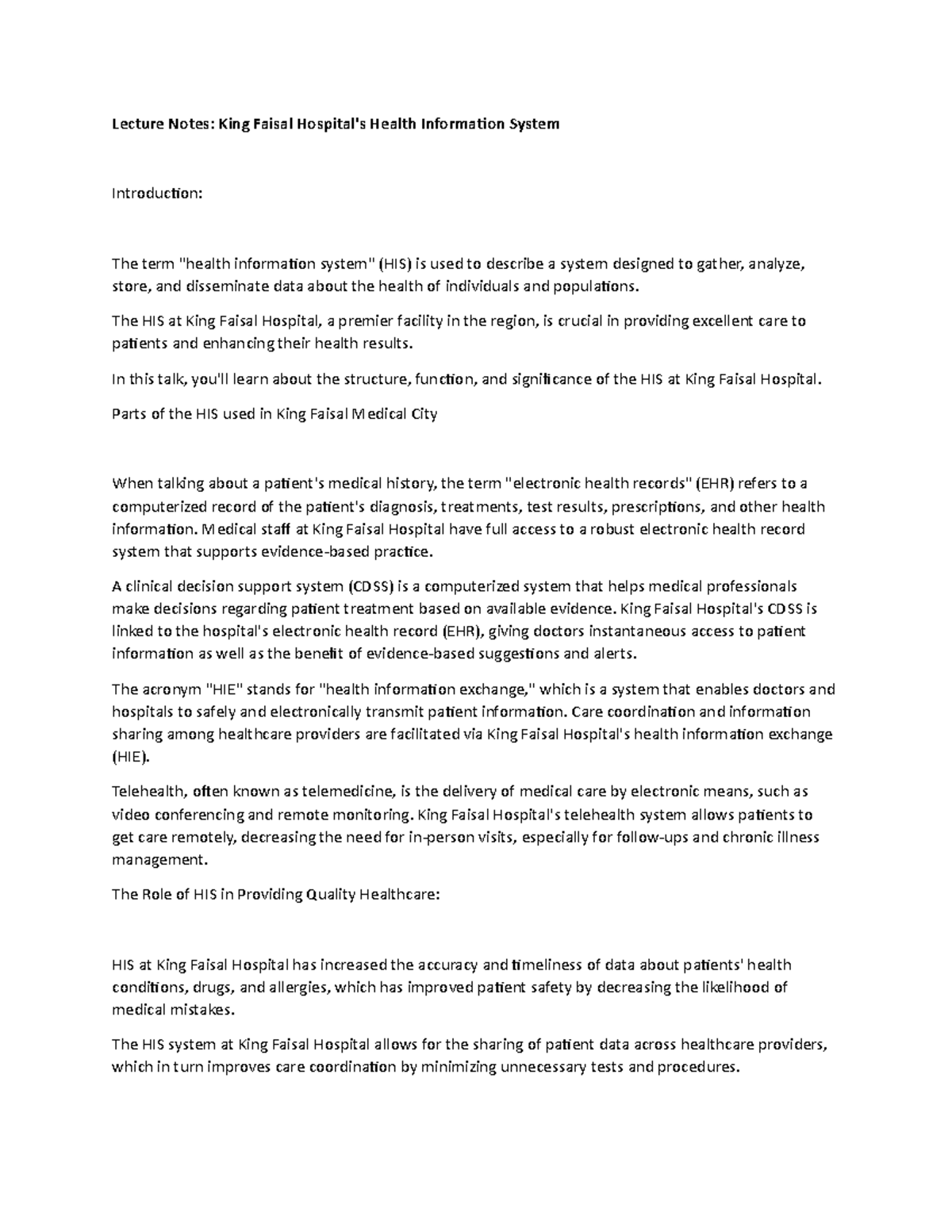 Lecture Notes: King Faisal Hospital's Health Information System ...