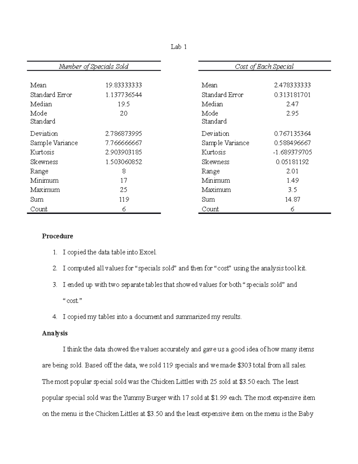 excel stat- lab 1 - Lab 1 Number of Specials Sold Cost of Each Special ...