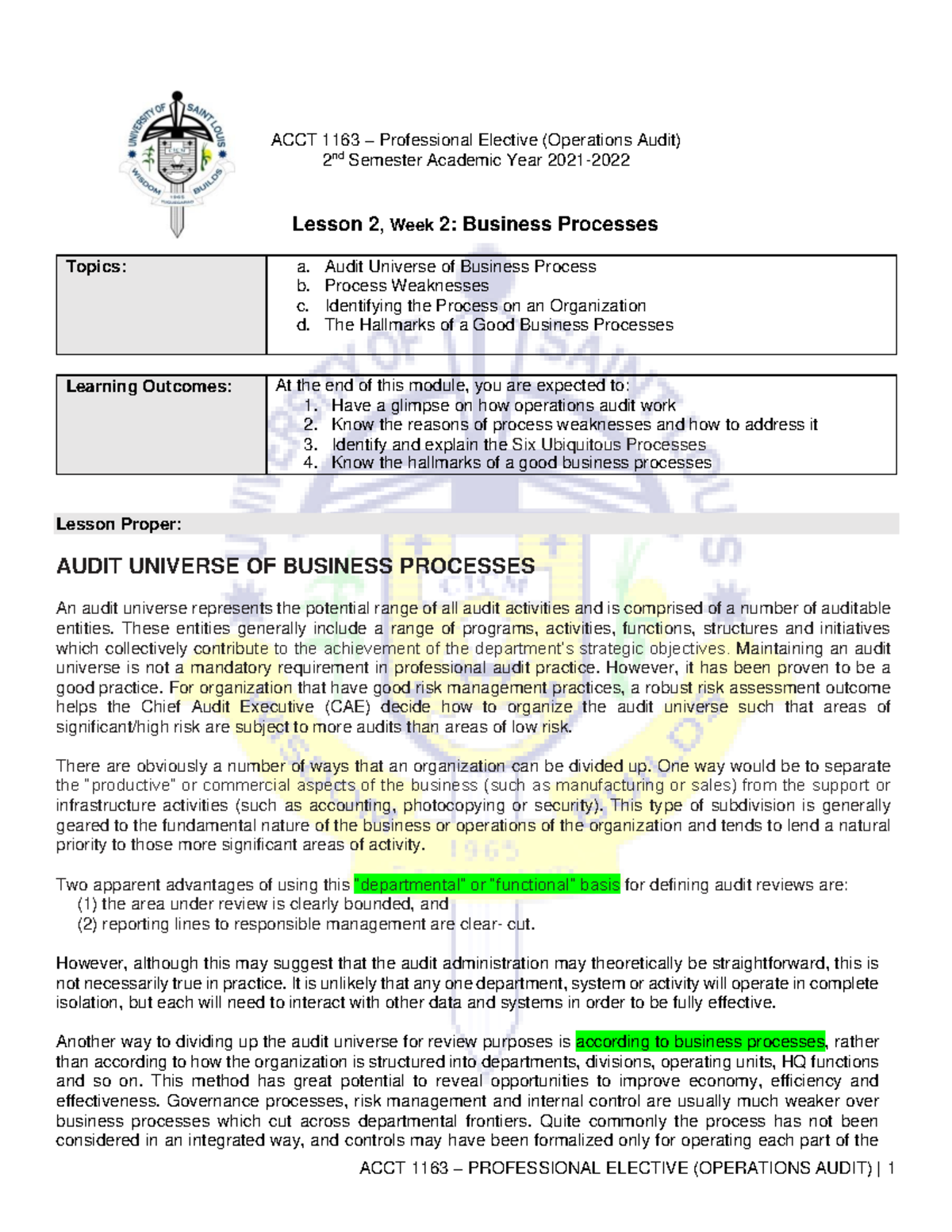 Week 2 Business Processes-1 - ACCT 1163 – Professional Elective ...