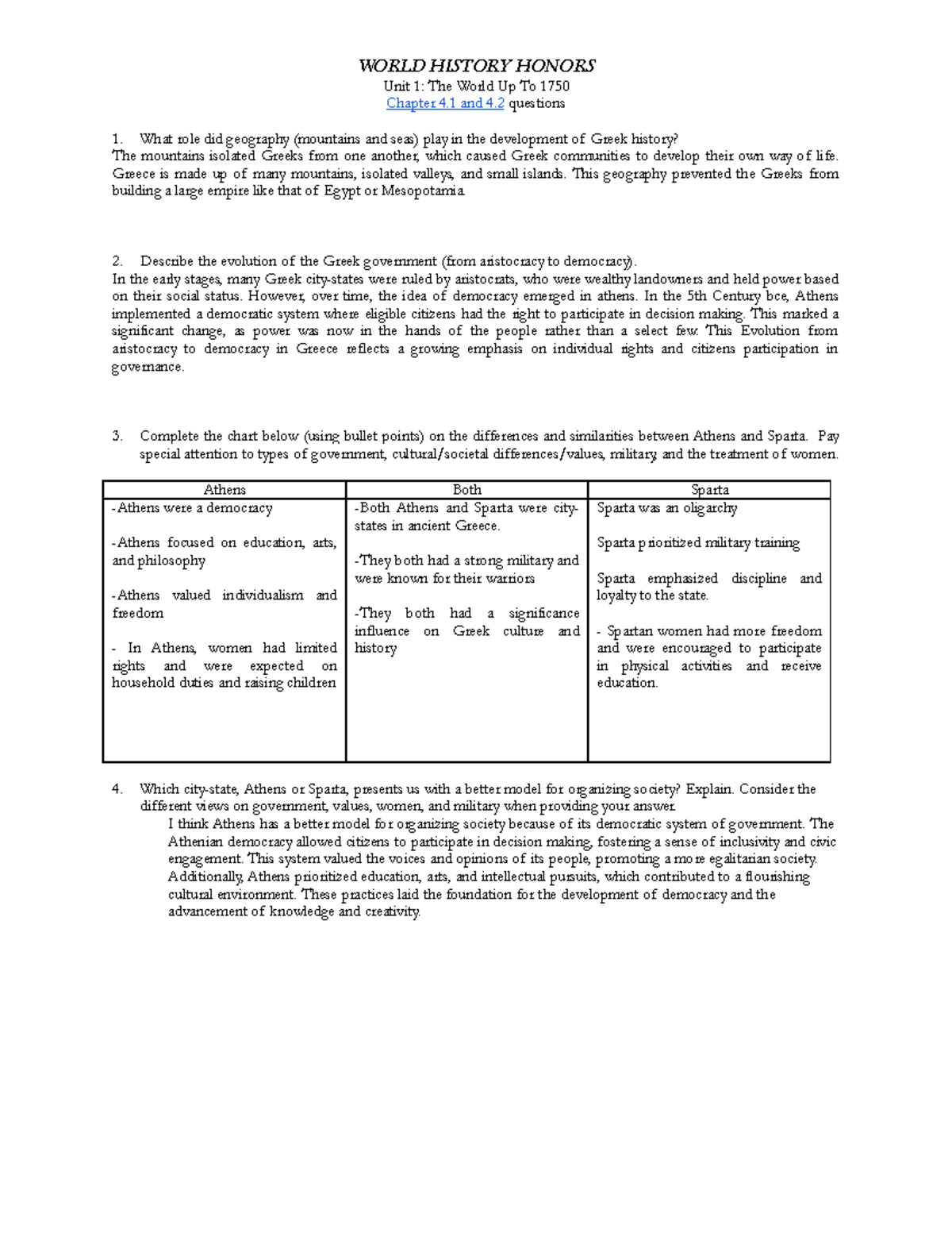 Copy of Ch. 4.1 and 4.2 Questions - WORLD HISTORY HONORS Unit 1: The ...