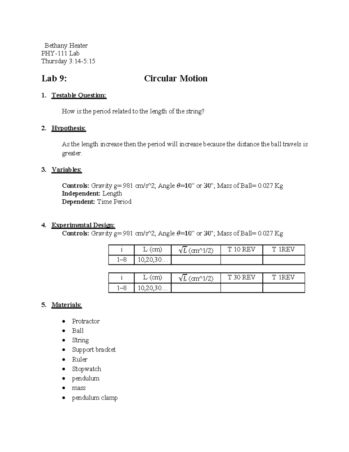 PHY111L Lab 9 Circular motion 3 - Bethany Heater PHY-111 Lab Thursday 3 ...