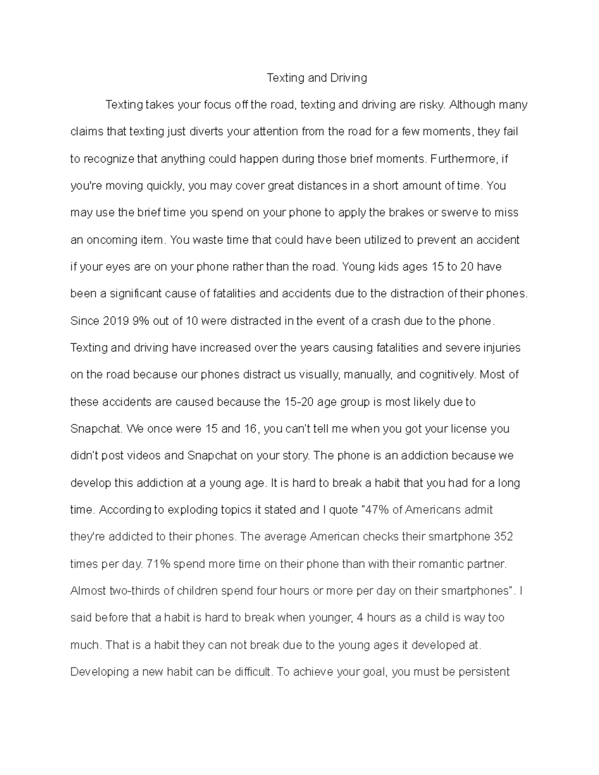 Issue Analysis Essay - Texting and Driving Texting takes your focus off ...