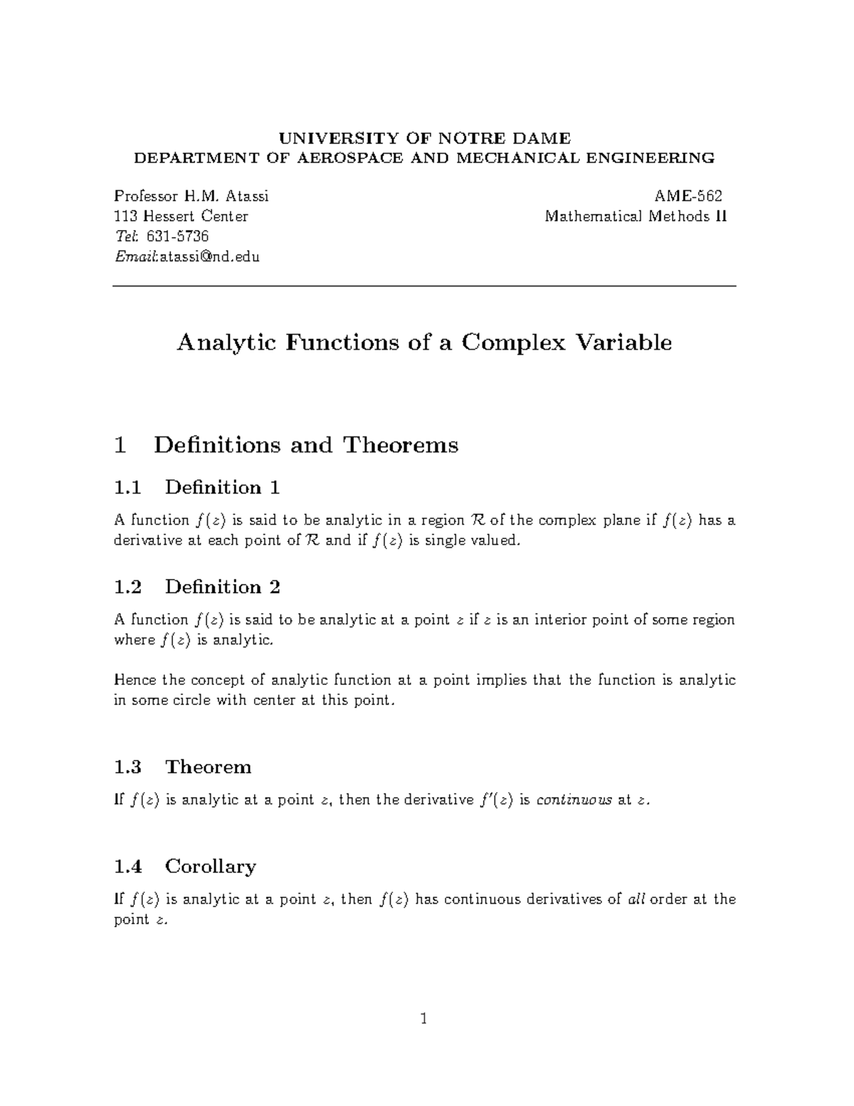 Analytic functions - UNIVERSITY OF NOTRE DAME DEPARTMENT OF AEROSPACE ...