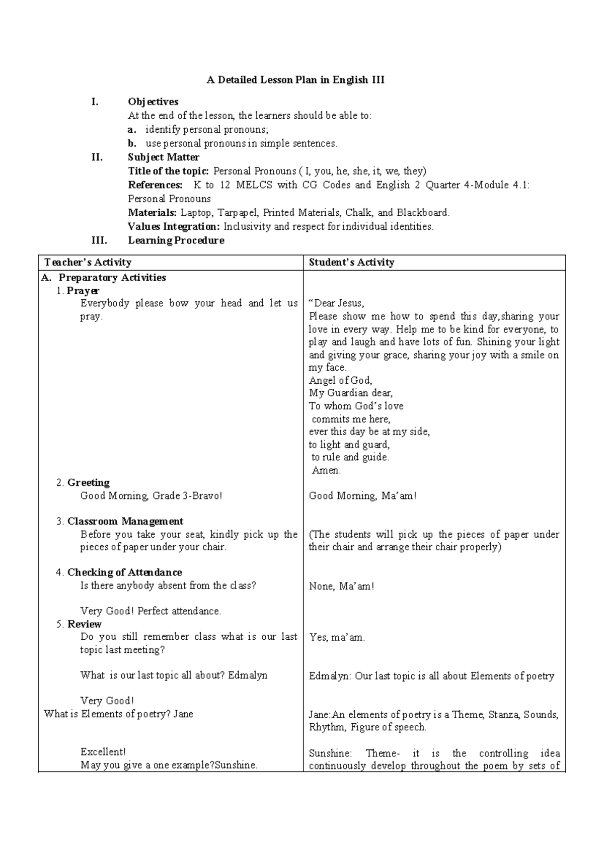 Dlp personal pronoun - A Detailed Lesson Plan in English III I ...