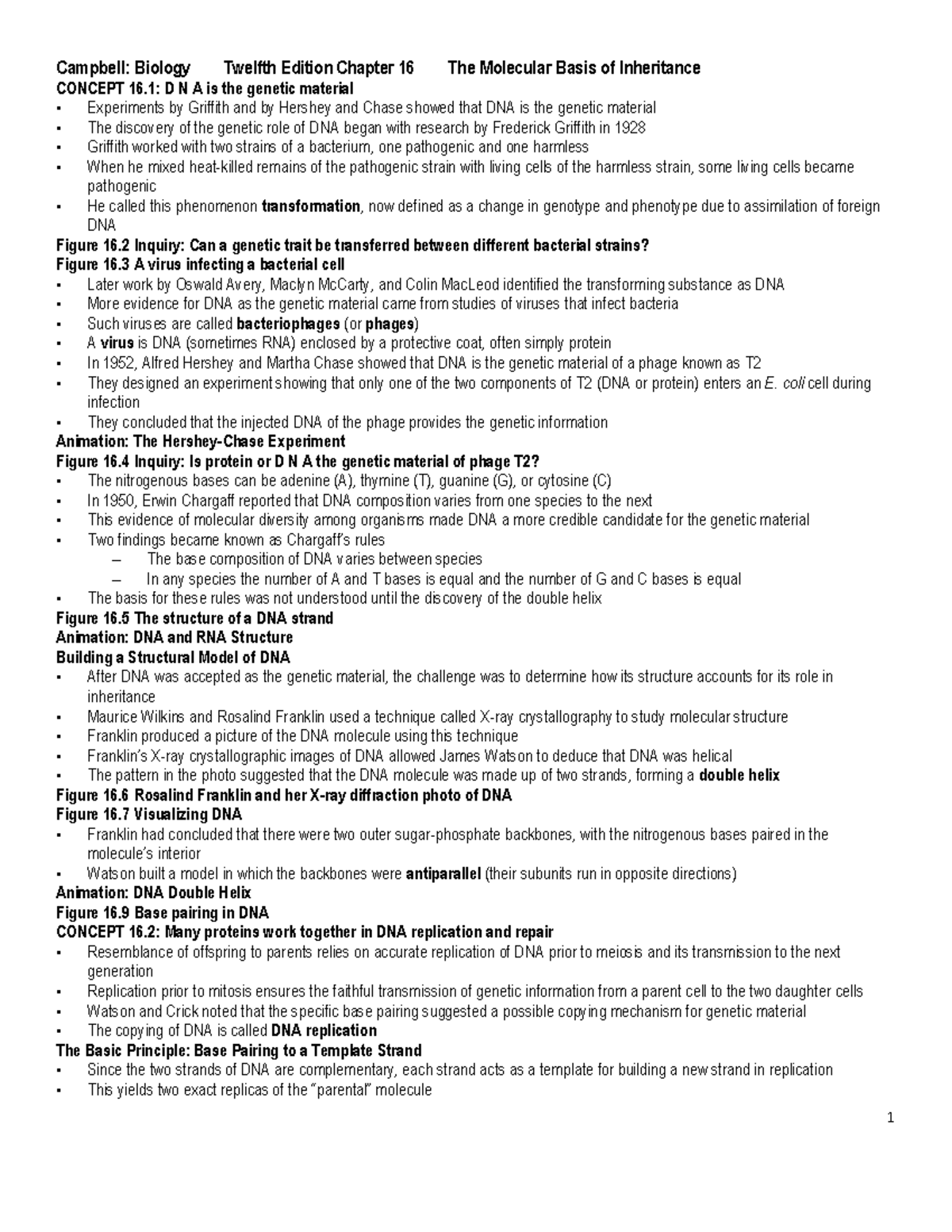 Notes 16 The Molecular Basis of Inheritance - 1 Campbell: Biology ...