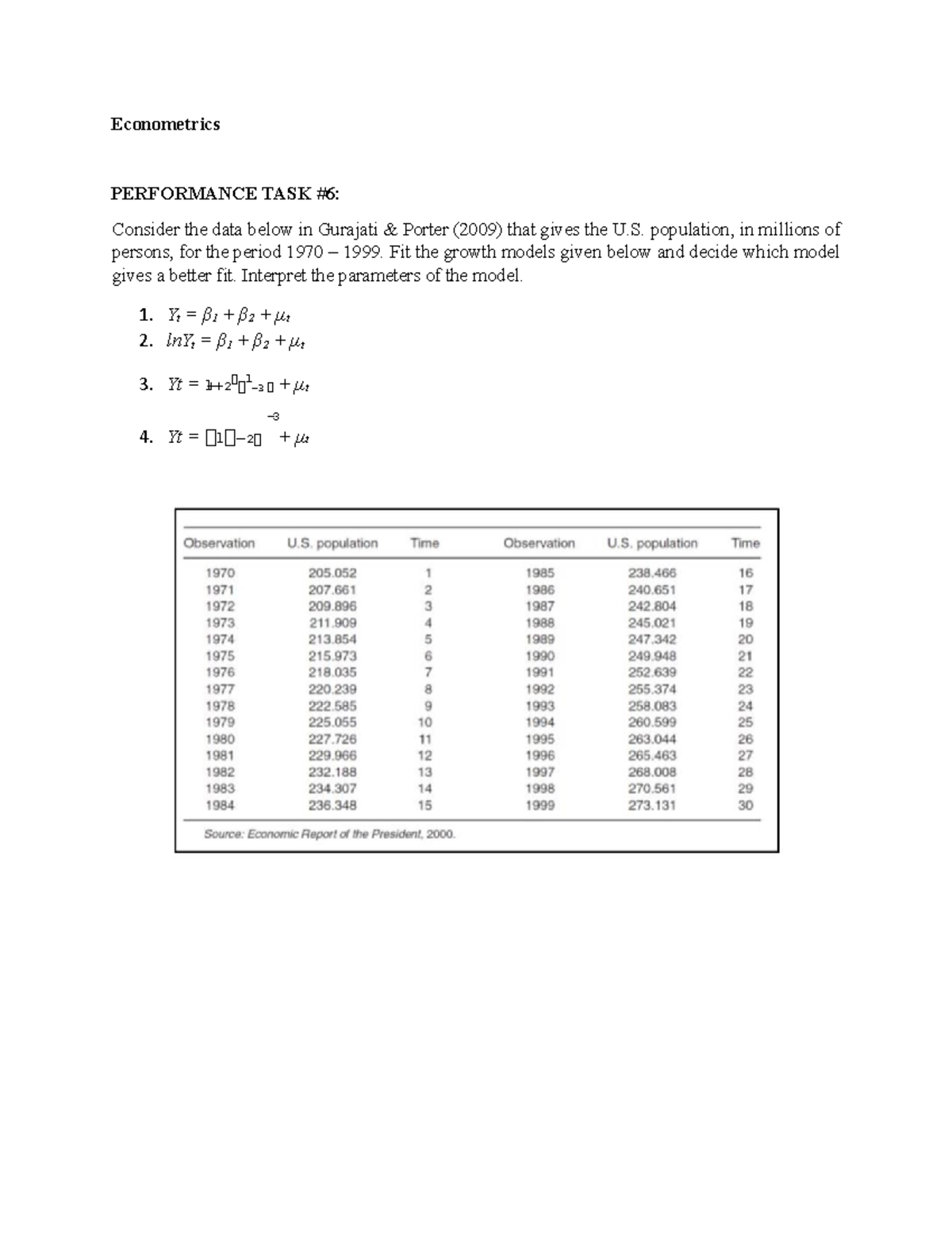 Econometrics Performance Task 6 Econometrics Performance Task 6 Consider The Data Below In
