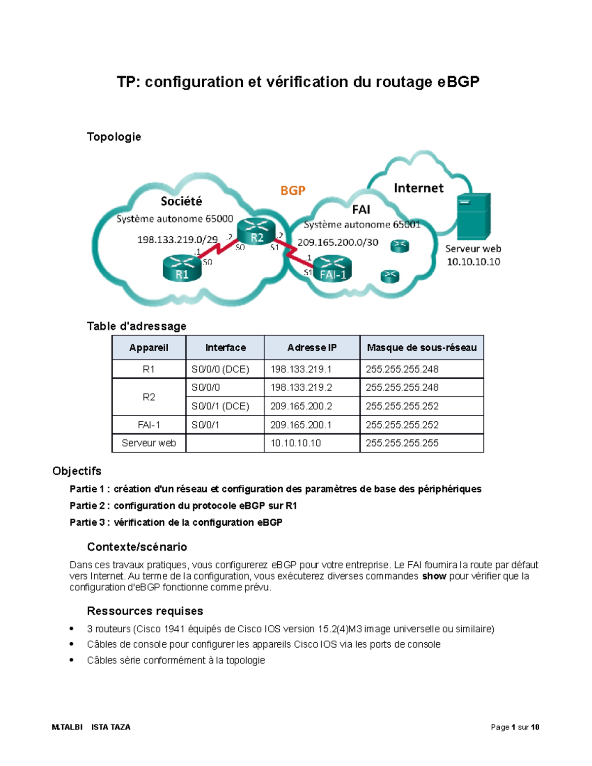 CCNA4- configuration et vérification du routage e BGP - ILM Talbi - Topologie Table d'adressage ...
