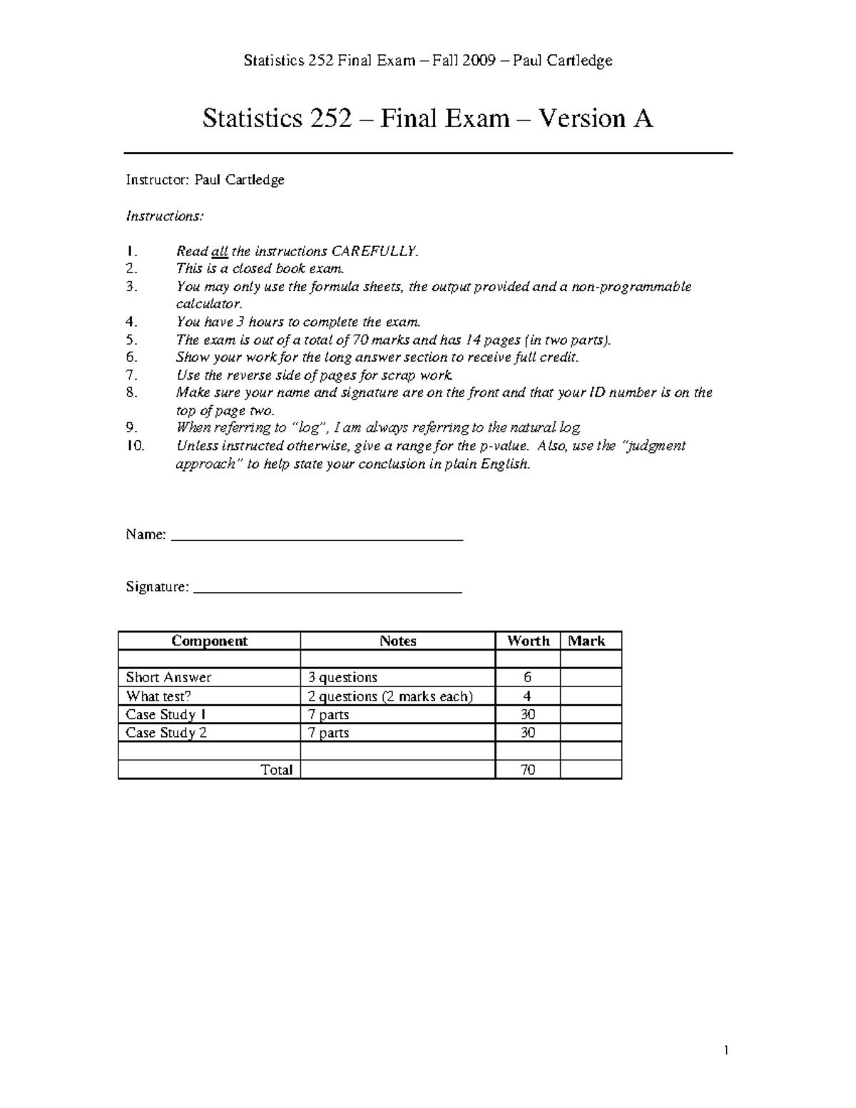 252Practice Final 1Soln - Statistics 252 – Final Exam – Version A ...
