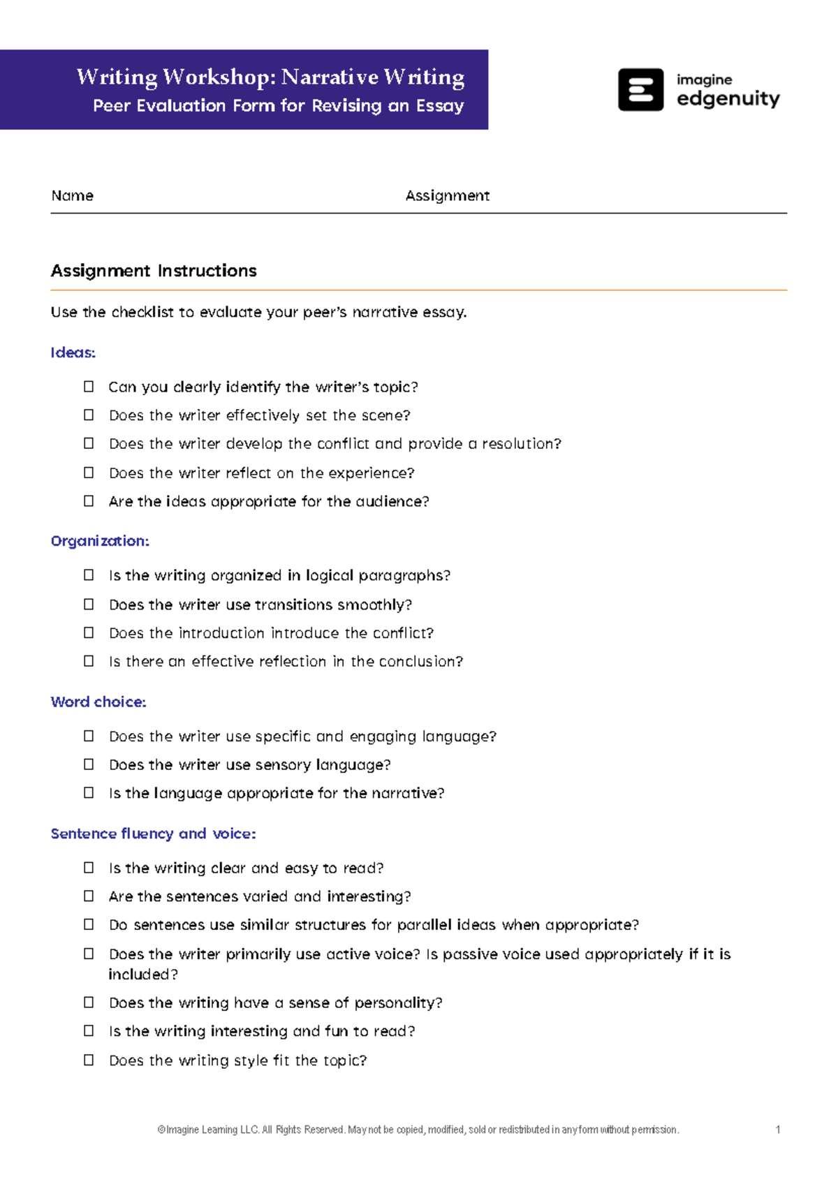 Peer Evaluation Form Narrative - Writing Workshop: Narrative Writing ...