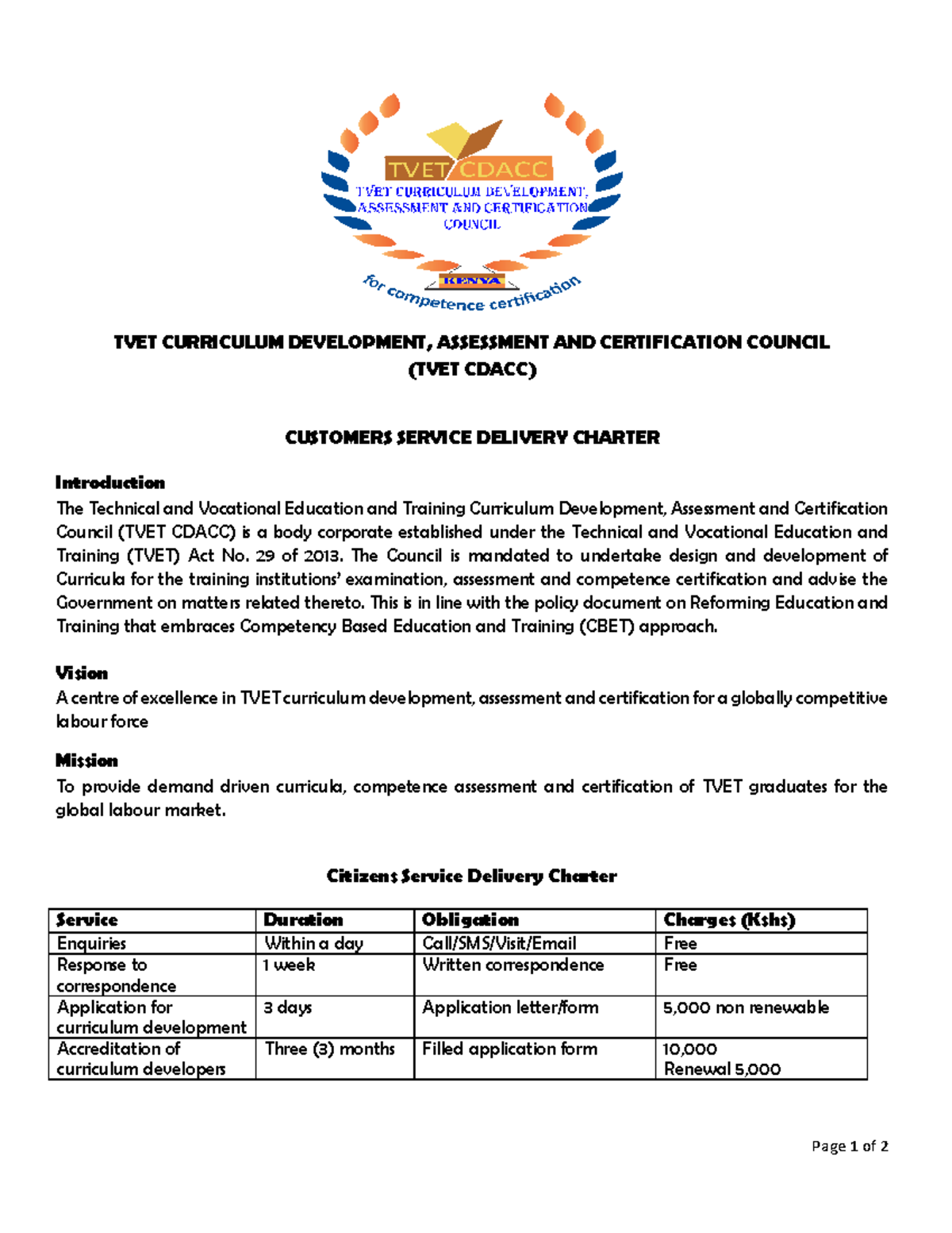 TVET Cdacc Customer Service Charter - Page 1 of 2 TVET CURRICULUM ...