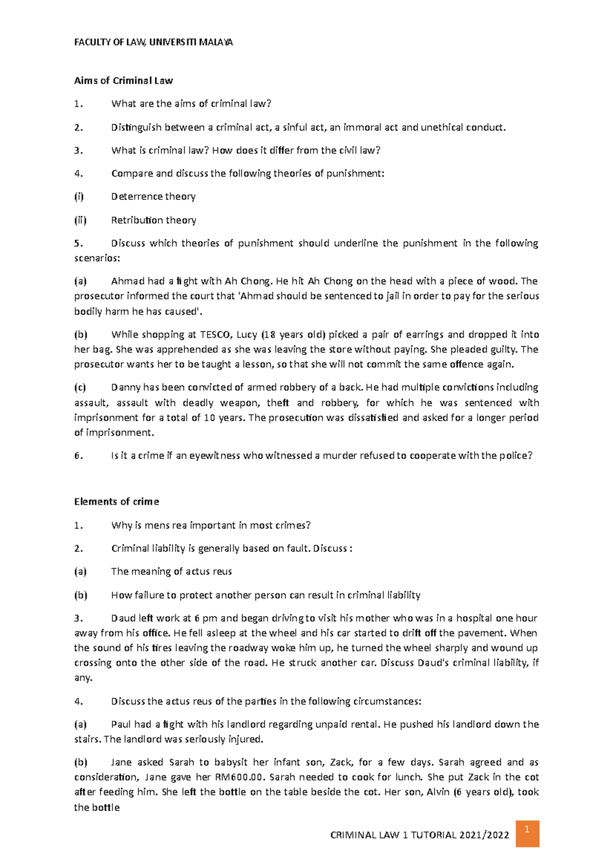 Criminal I Tutorial Lecture Notes 1 1 Aims Of Criminal Law What Are