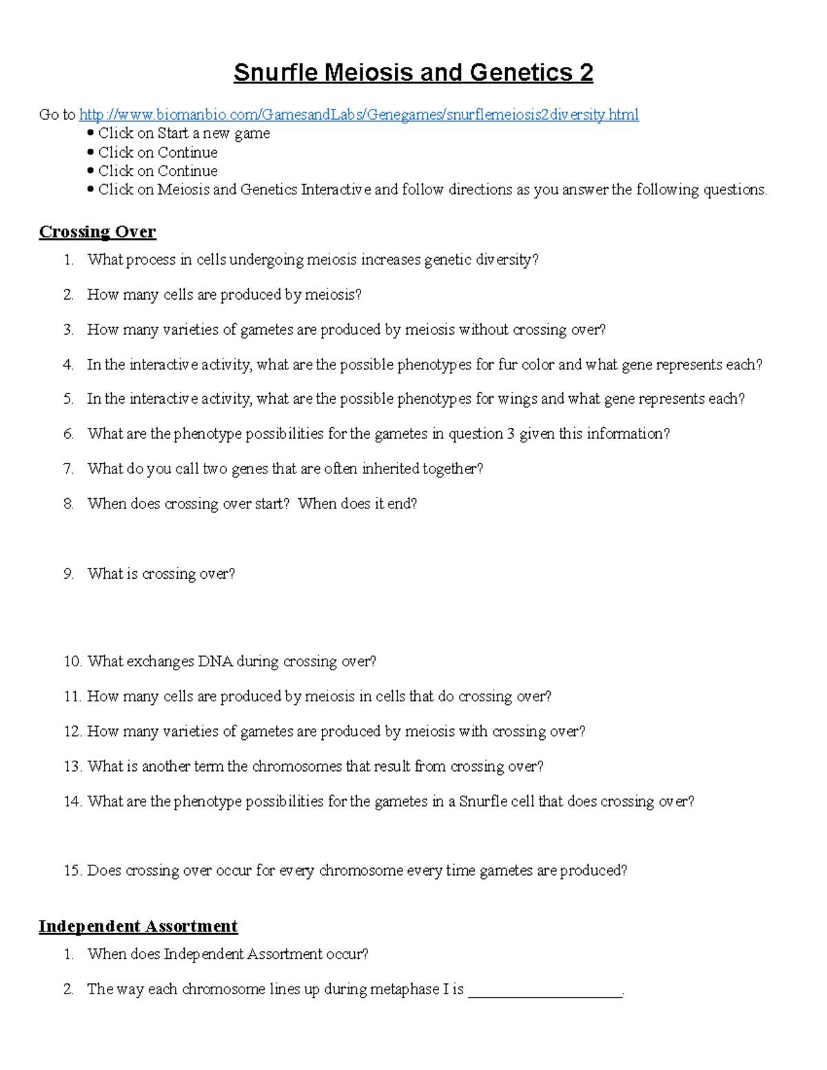 Snurfle Meiosis And Genetics 2 Worksheet Snurfle Meiosis And Genetics