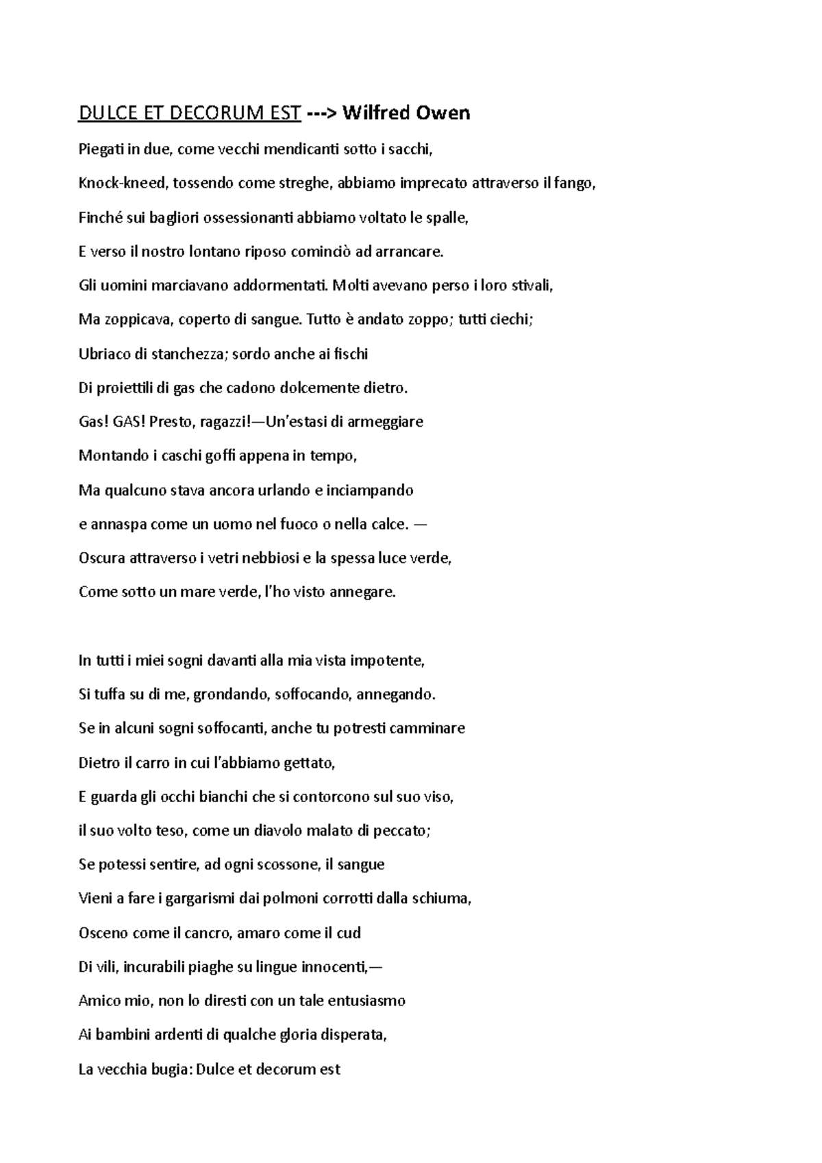 Dulce ET Decorum EST - italiano - DULCE ET DECORUM EST -> Wilfred Owen ...