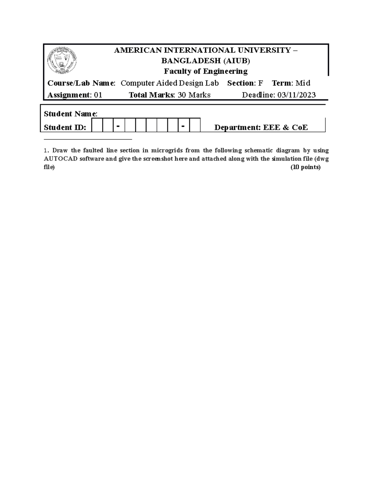 CAD F Assignment - AMERICAN INTERNATIONAL UNIVERSITY – BANGLADESH (AIUB ...