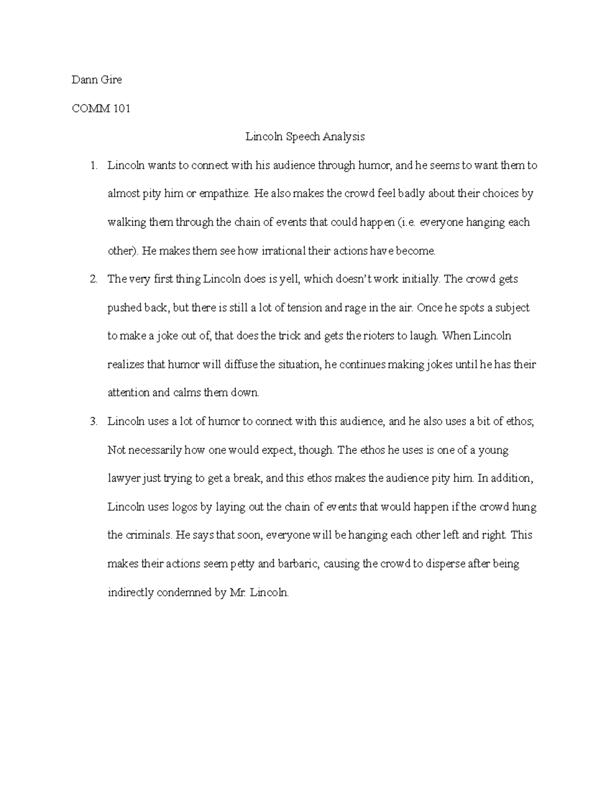 Lincoln Speech Analysis - Dann Gire COMM 101 Lincoln Speech Analysis ...