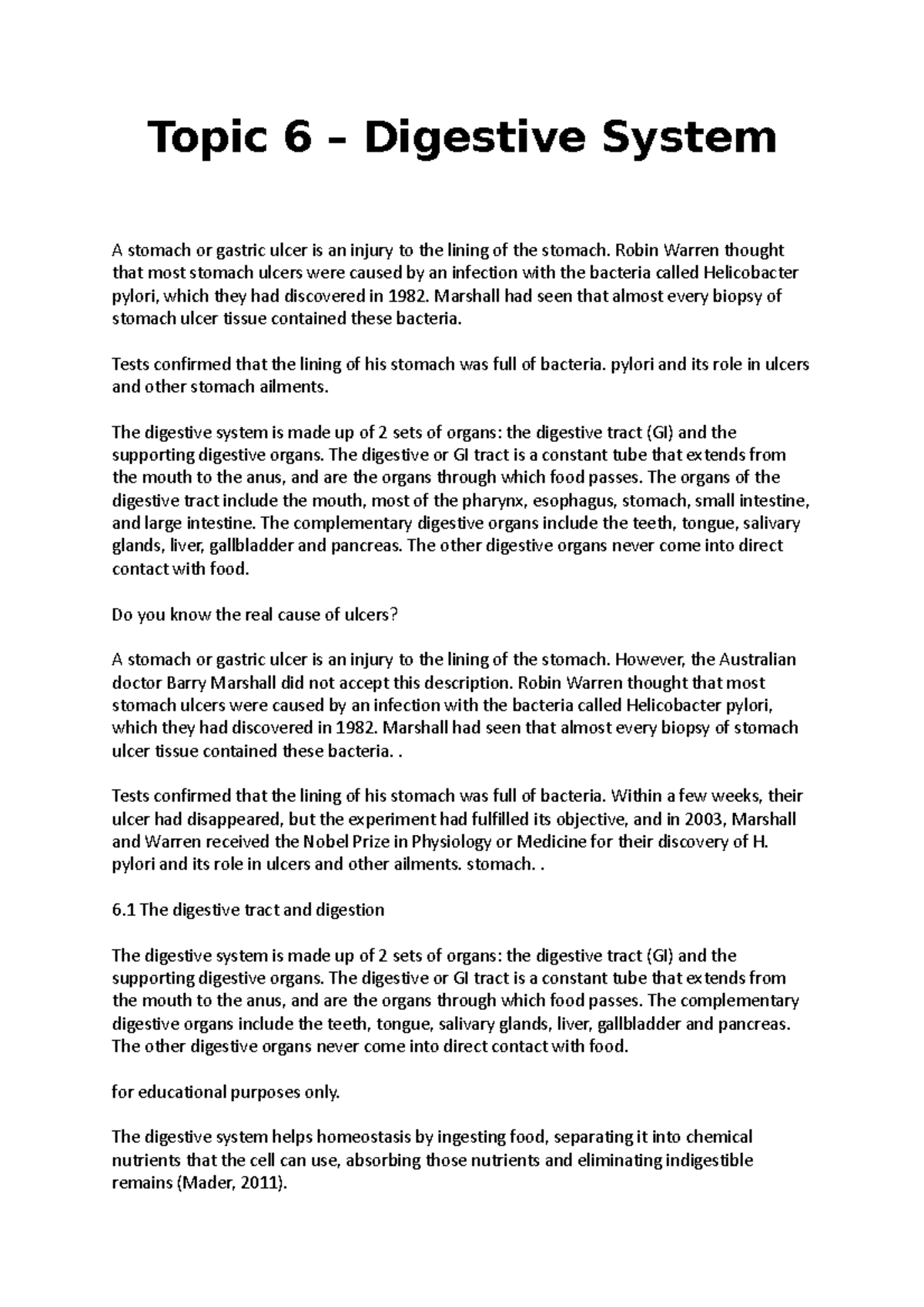 Activity 3 - Topic 6 – Digestive System A stomach or gastric ulcer is ...