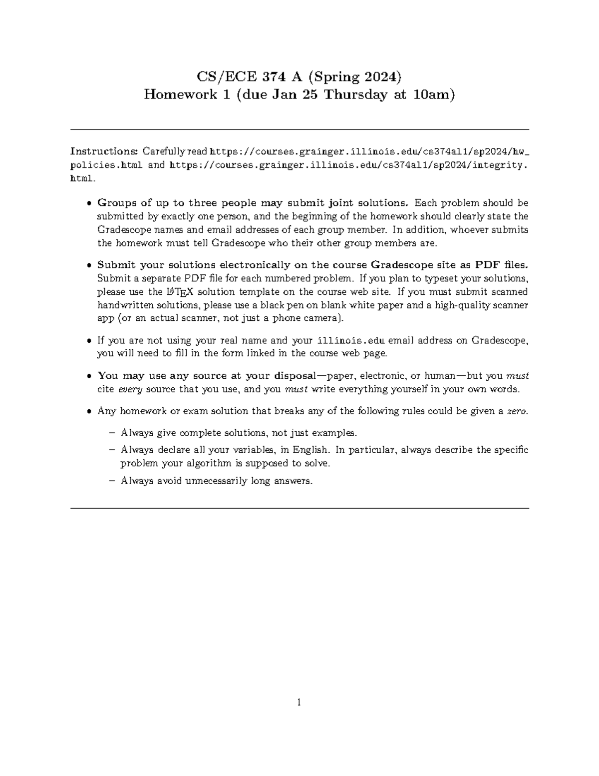 Hw1cs374 - hw 1 - CS/ECE 374 A (Spring 2024) Homework 1 (due Jan 25 ...