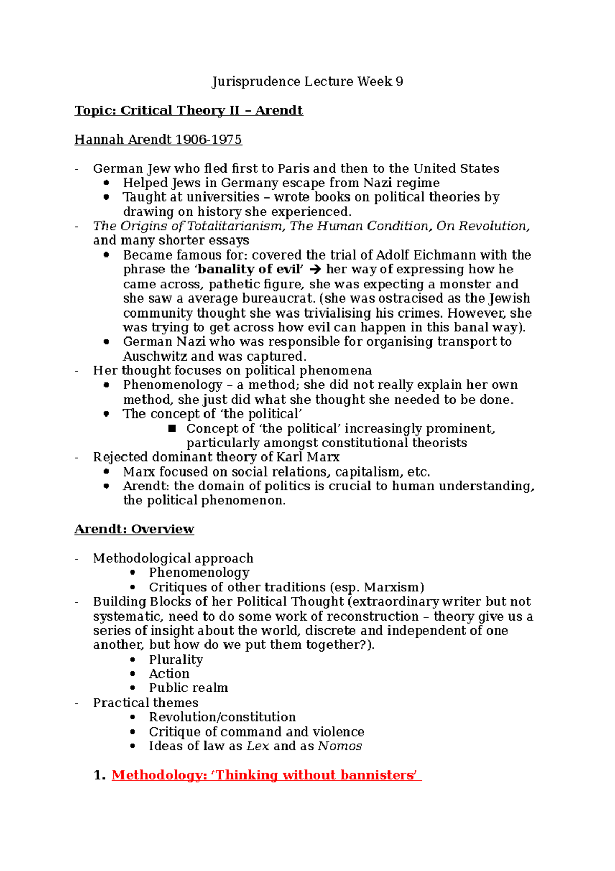 Arendt Lecture - Jurisprudence Lecture Week 9 Topic: Critical Theory II ...