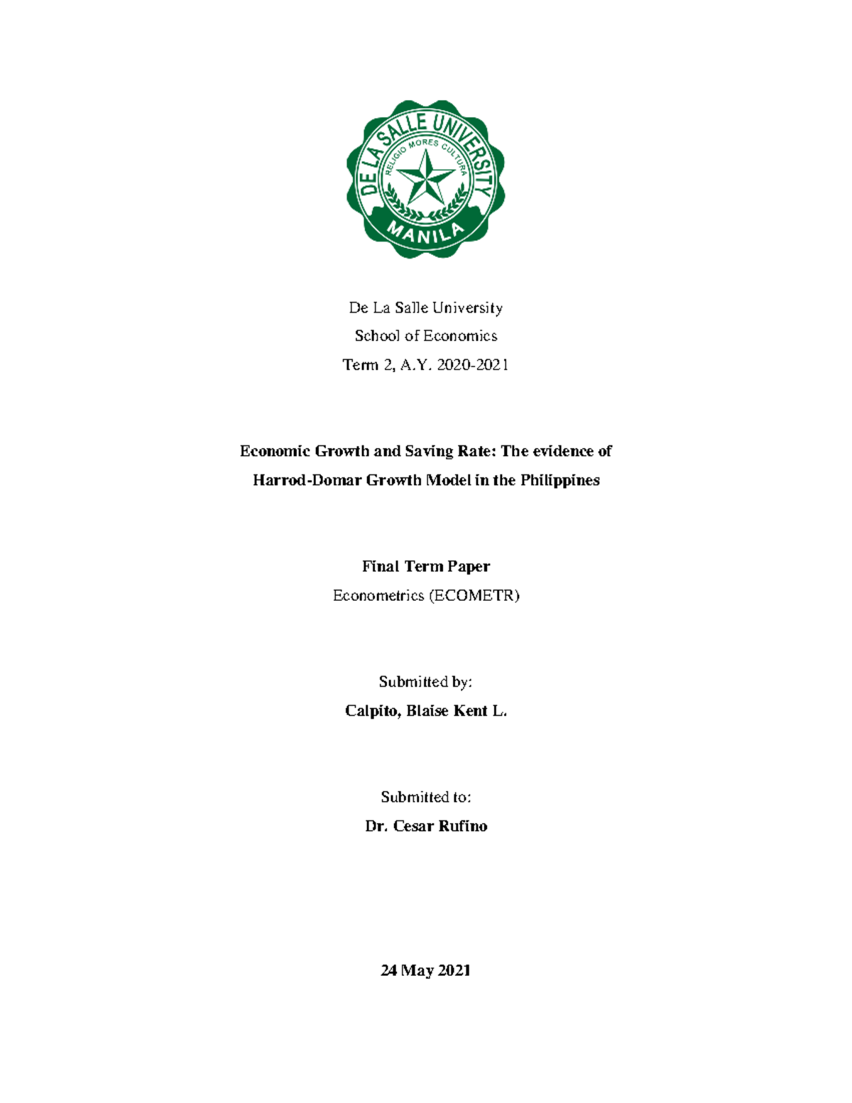 Final Paper - Economic Growth and Saving Rate - De La Salle University ...