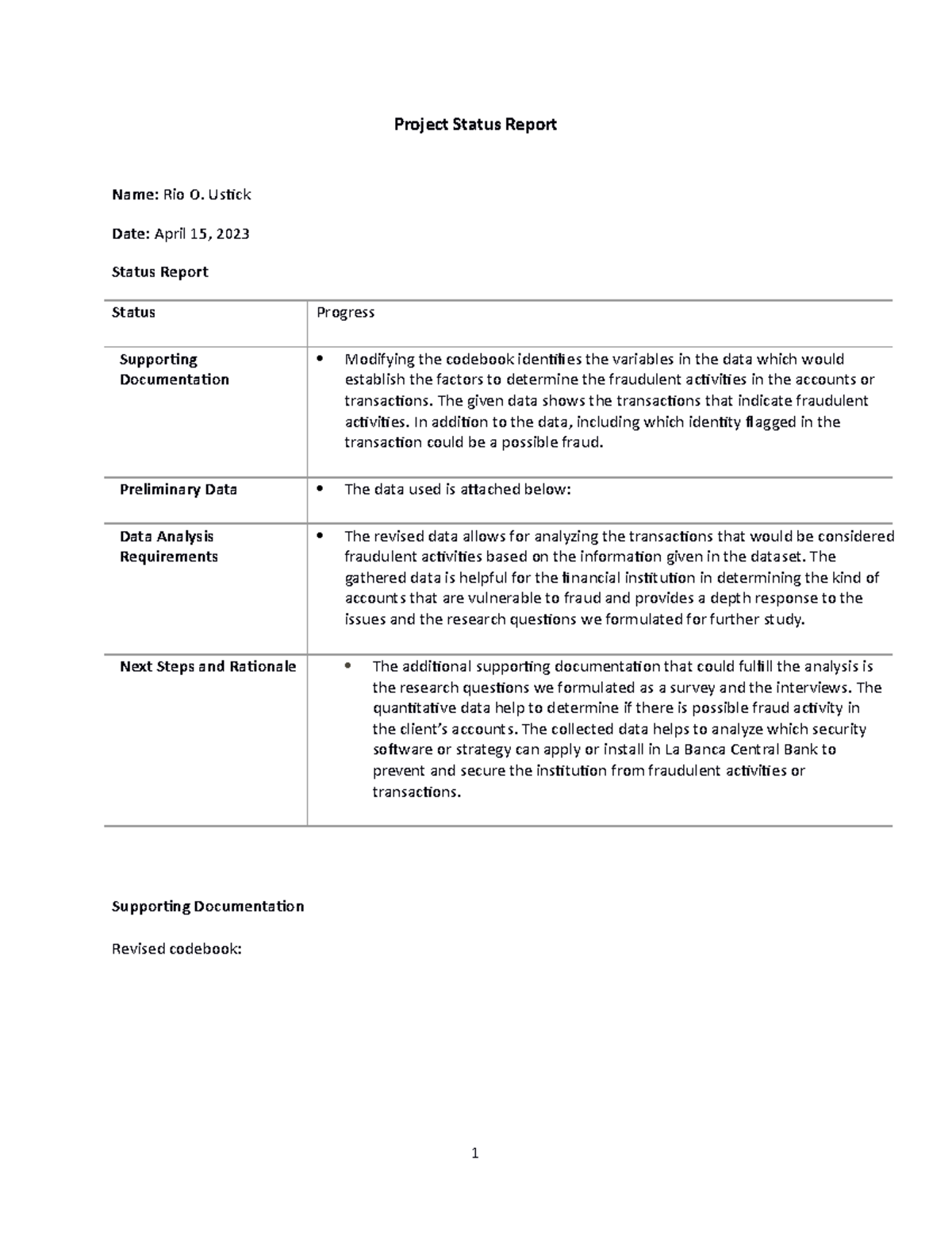 DAT 223 Project Three Status Report - Project Status Report Name: Rio O. Ustick Date: April 15 ...